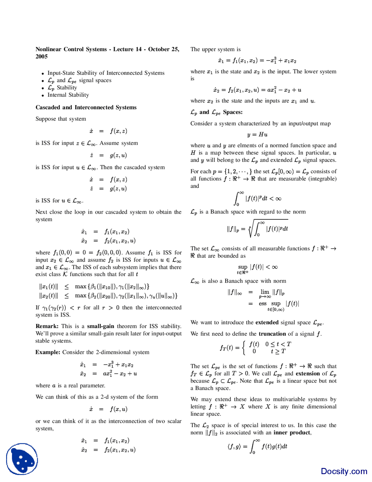 Cascaded And Interconnected Systems Advanced Non Linear Control Systems