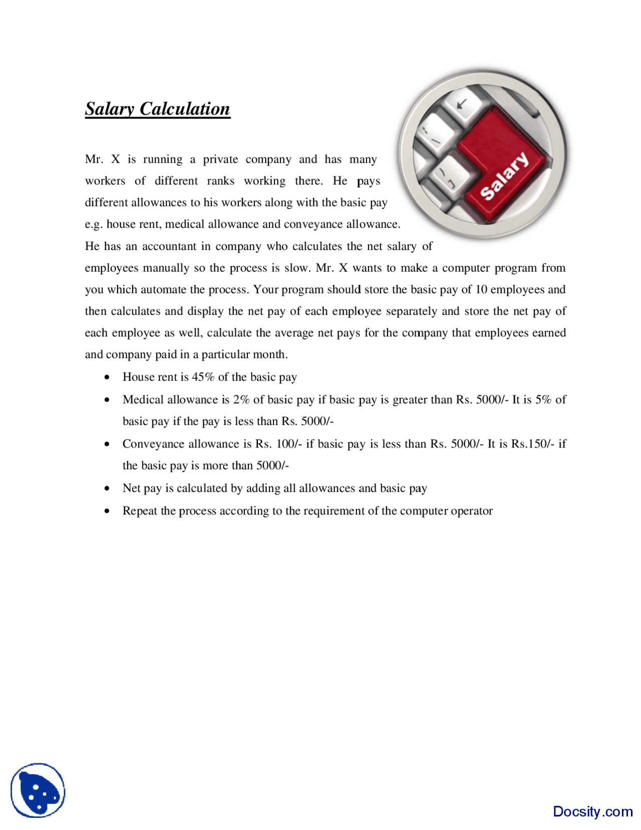 Salary Calculation-Database Computer Programming Basics-Lab Assignment - Docsity