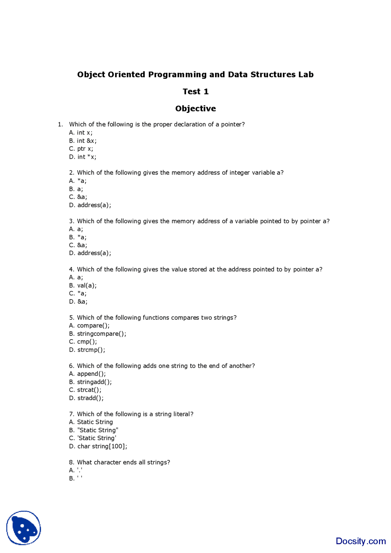 Pointers Strings And Basics Test Learning Java Language Quiz Docsity