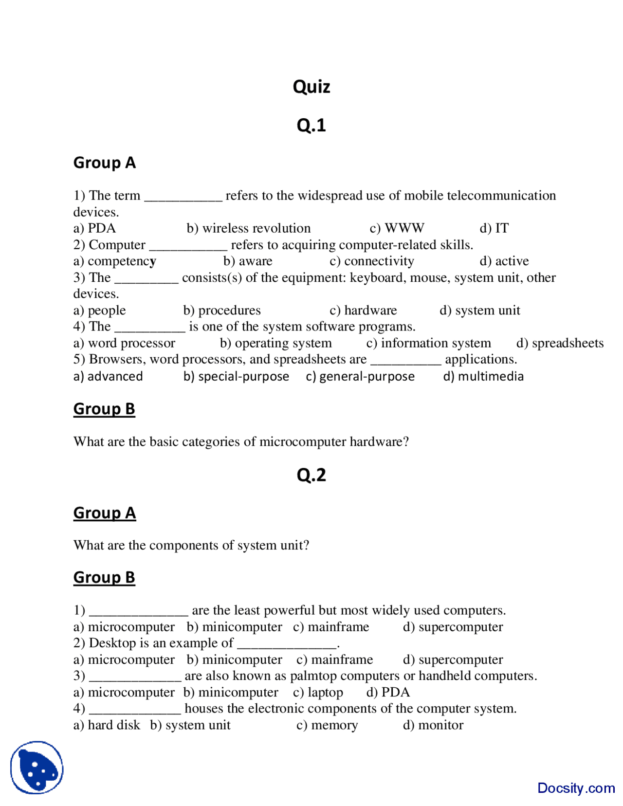 Quiz1-Information Technology-Exam - Docsity