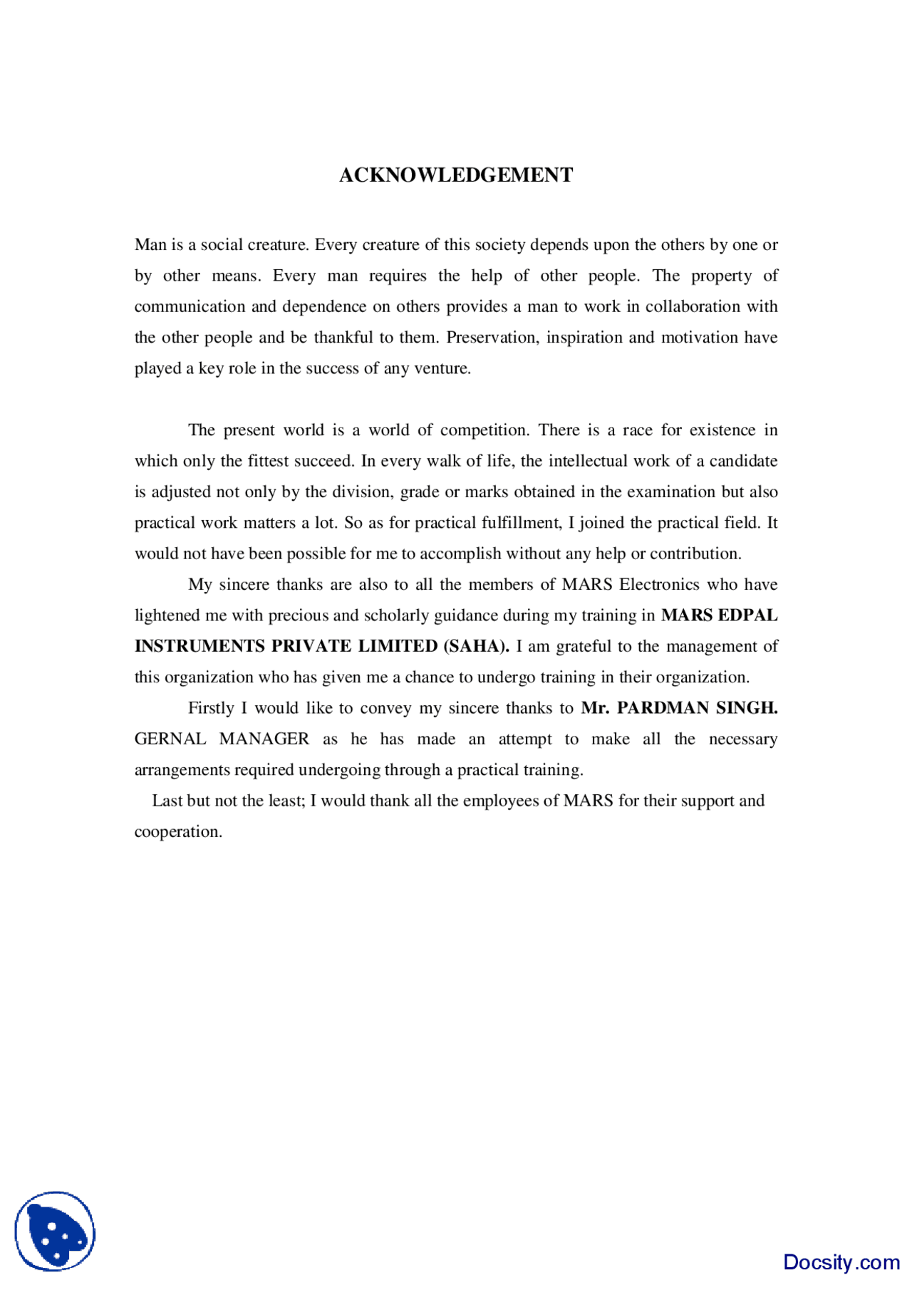 Acknowledge Sample 1-Writing Report and Other Documents-Handout - Docsity