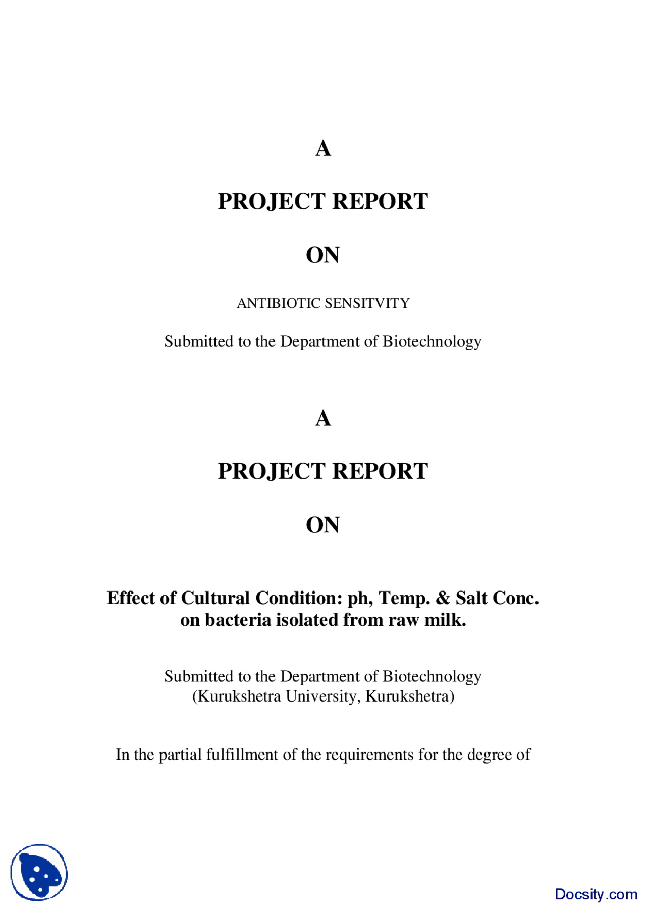 Antibiotic Sensitivity Biotechnology Project Report Docsity