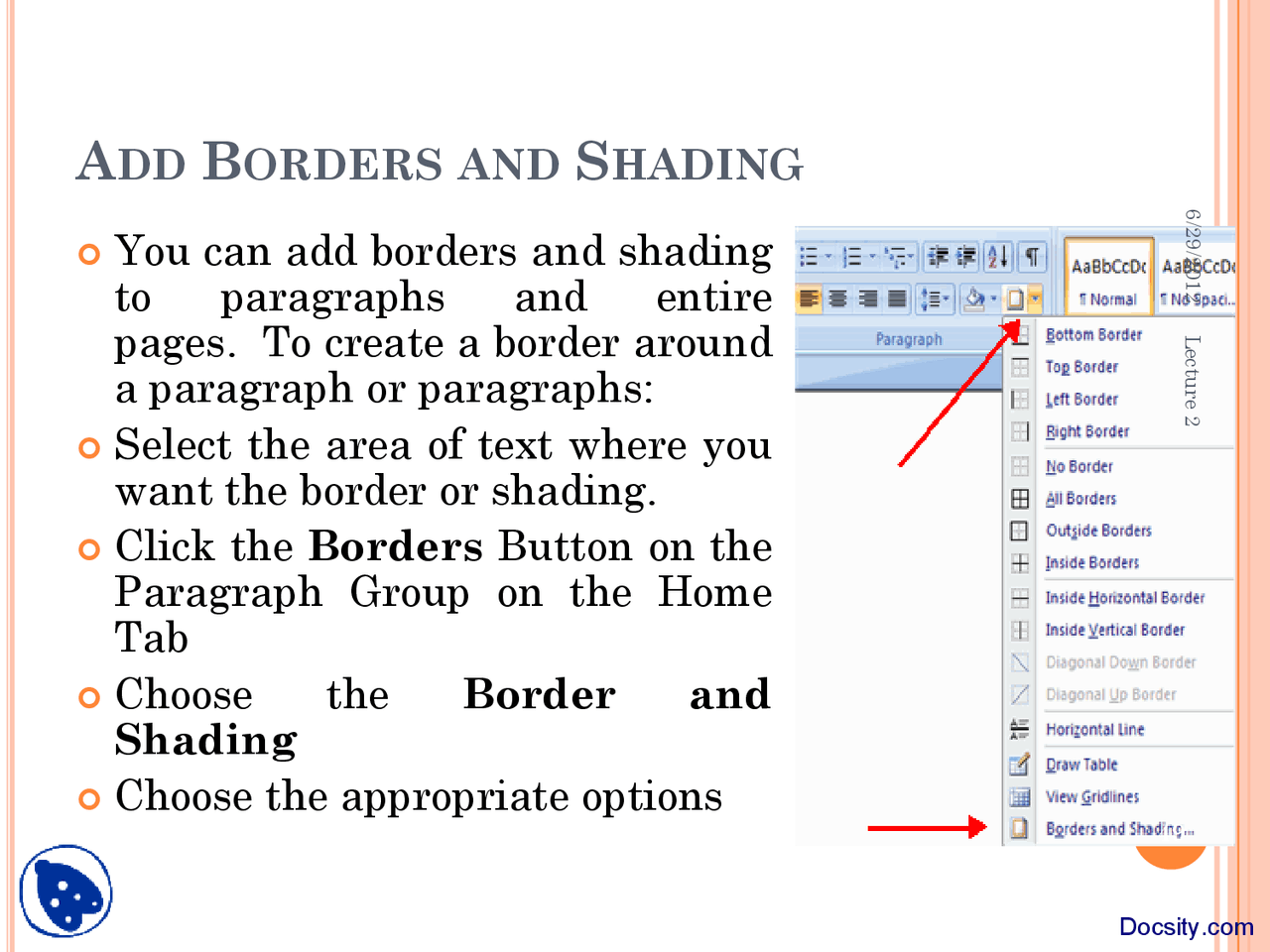 Styles, Borders Shading-Using Word 2007-Lecture Slides - Docsity