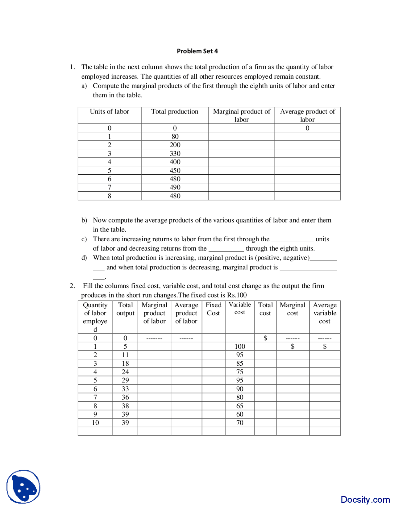 Marginal Product And Cost Microeconomics Assignment Docsity