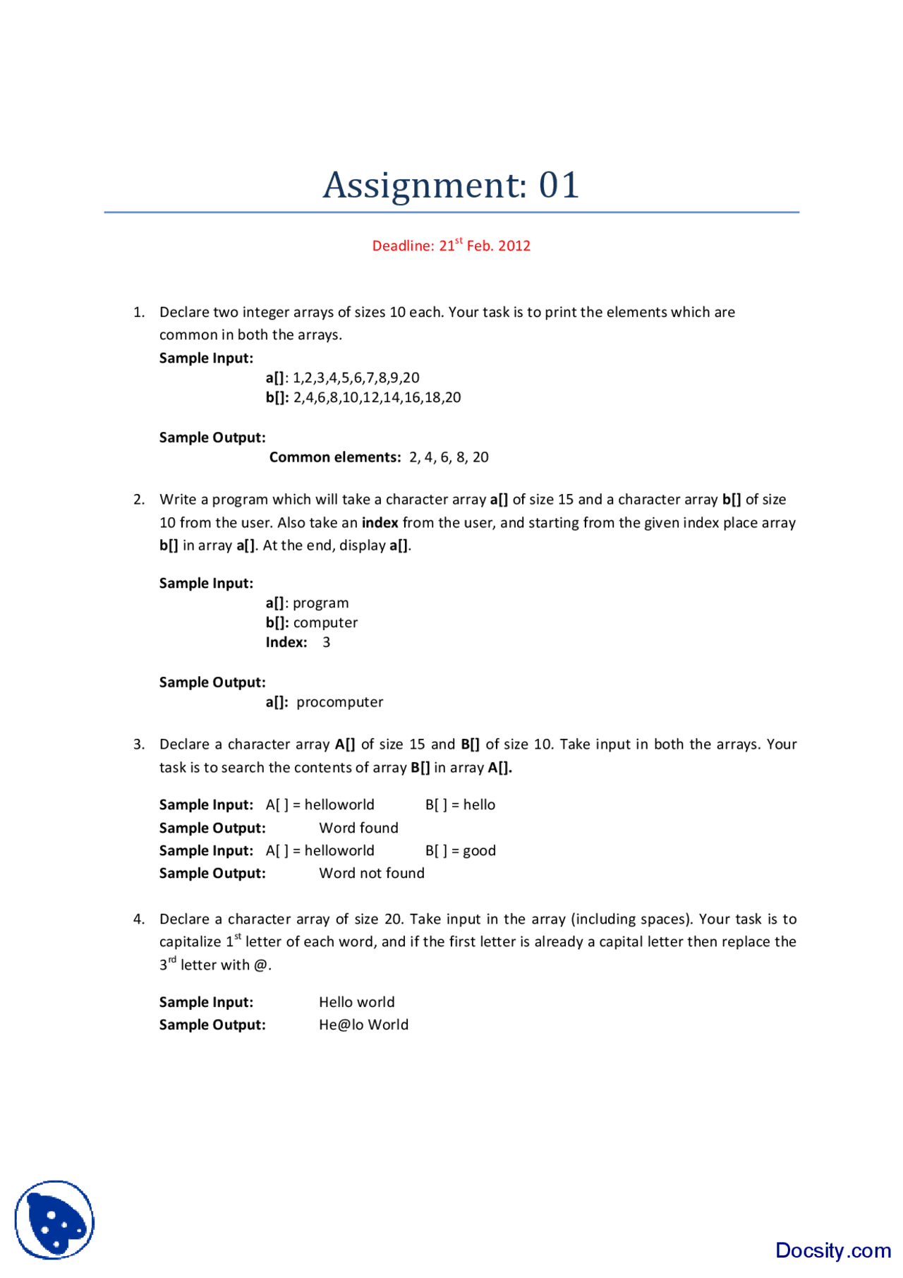 Arrays-Learning Java Language-Assignment - Docsity