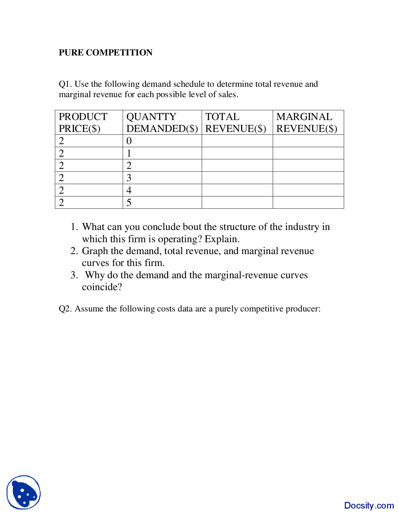 Demand And Marginal Revenues Microeconomics Assignment Docsity