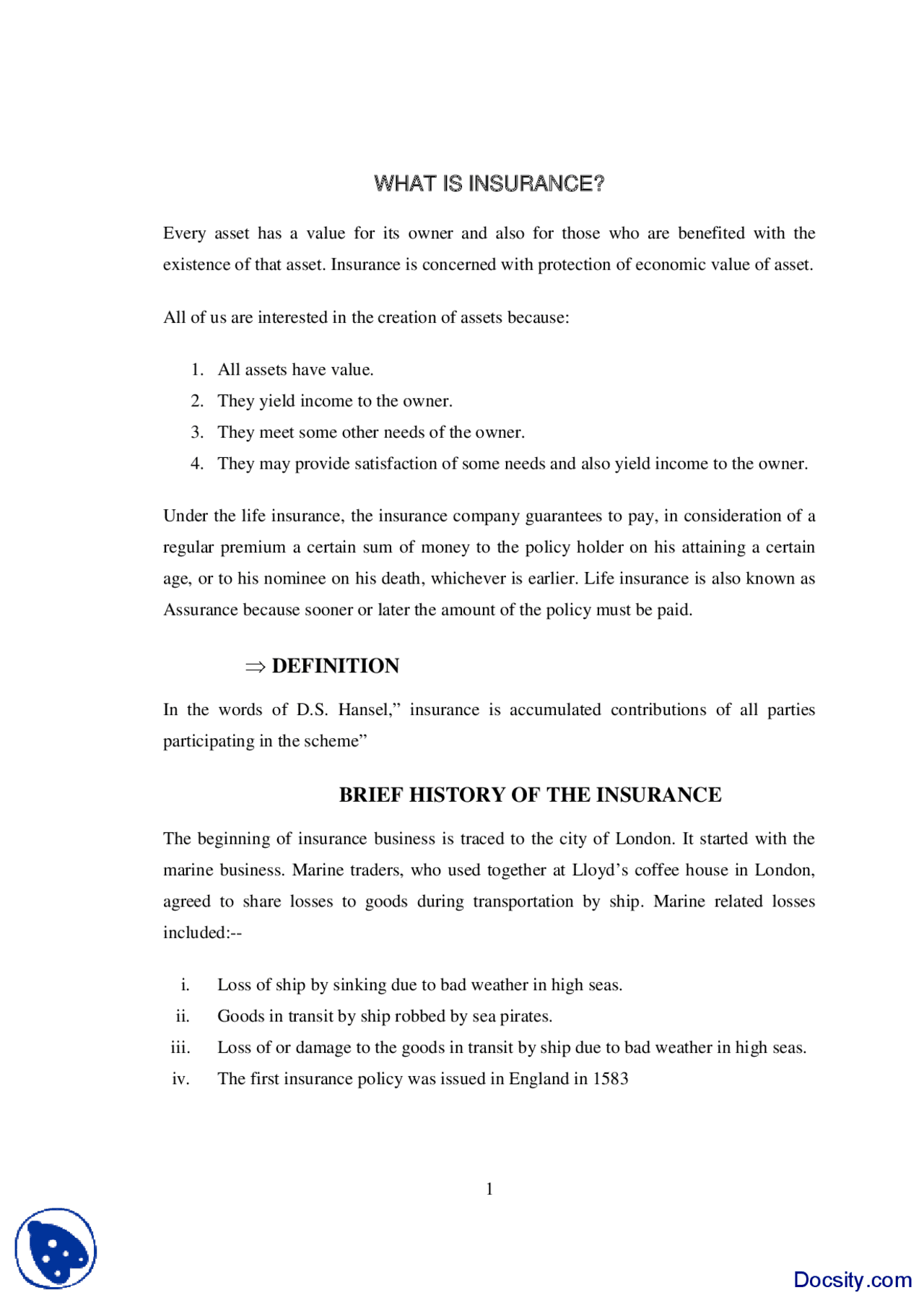 Introduction to Insurance Part 1-Handling Finance in Business-Handout ...