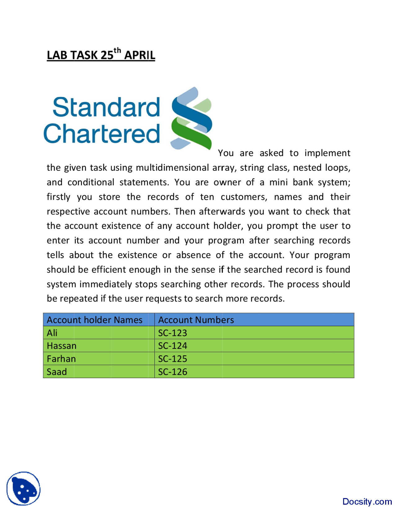Standard Chartered Bank Database-Computer Programming Basics-Lab Assignment - Docsity