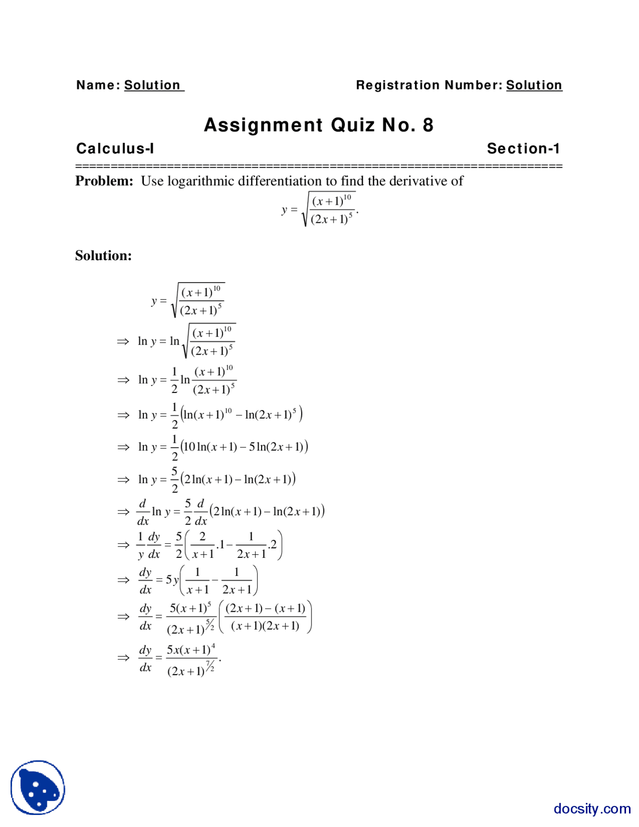 Logratmic Differenciation 3 Calculus Assignment Docsity