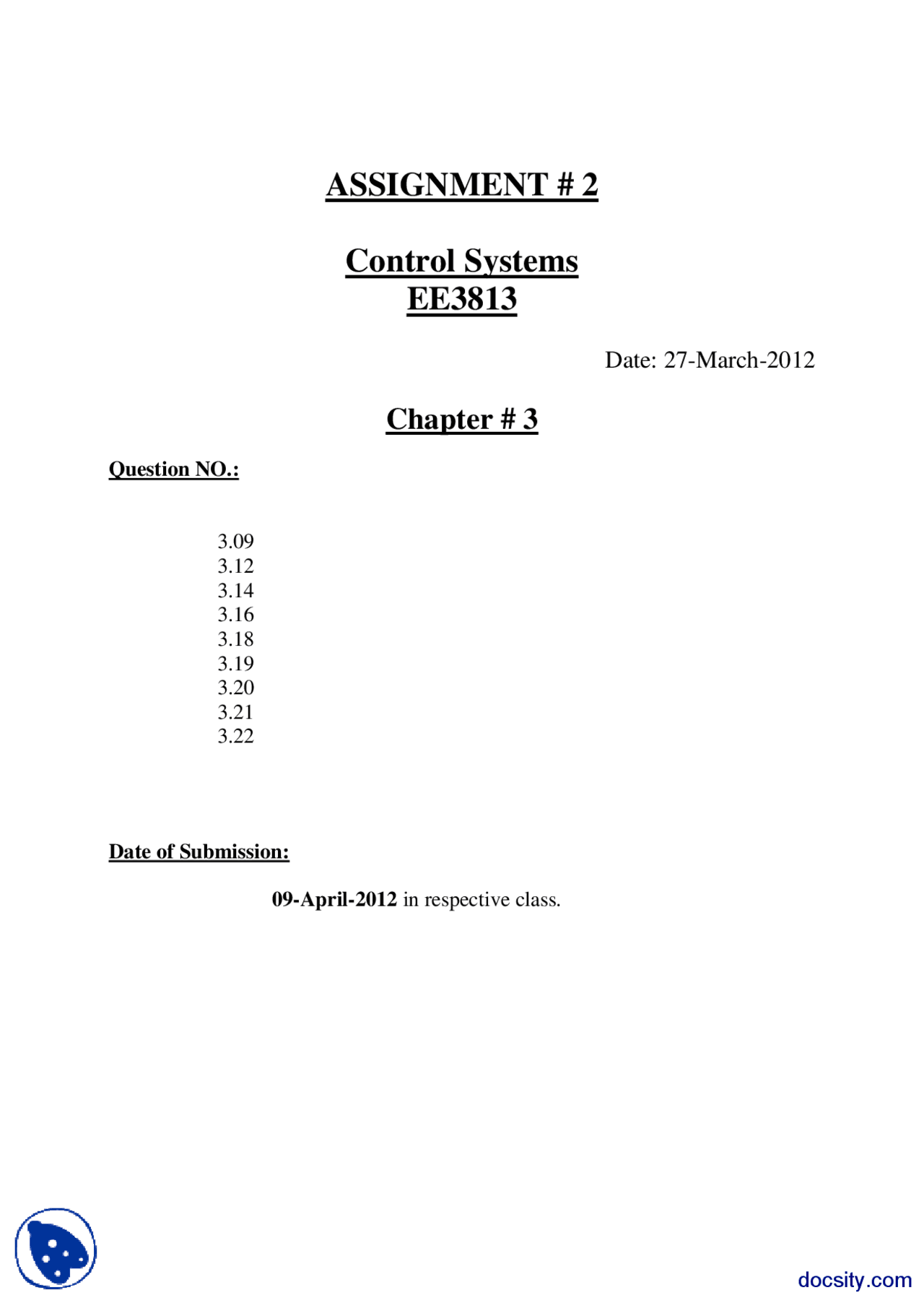 Question From Book Control Systems Assignment Docsity
