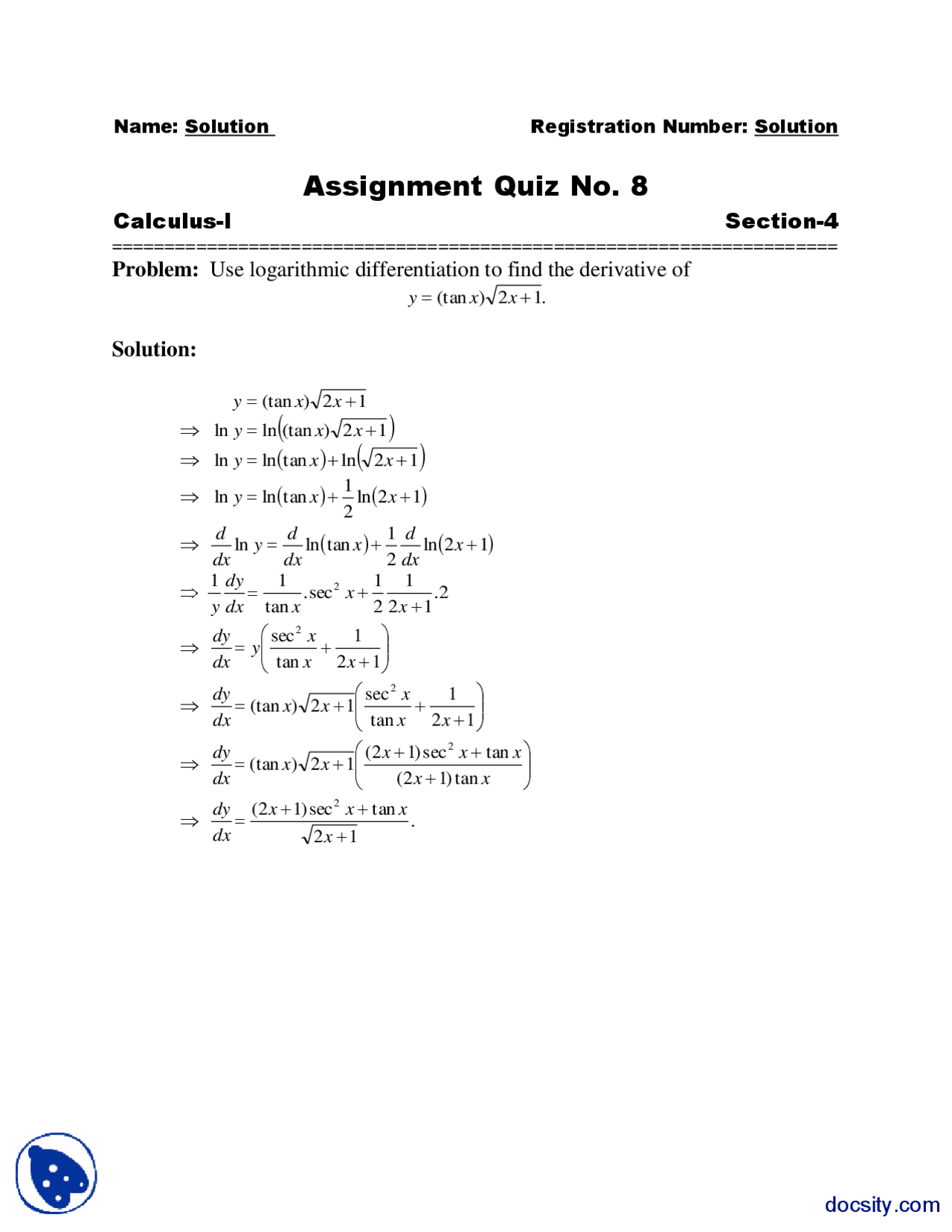 Calculus-I Quiz 8: Derivative Finding with Logarithmic Differentiation | Exercises Calculus ...