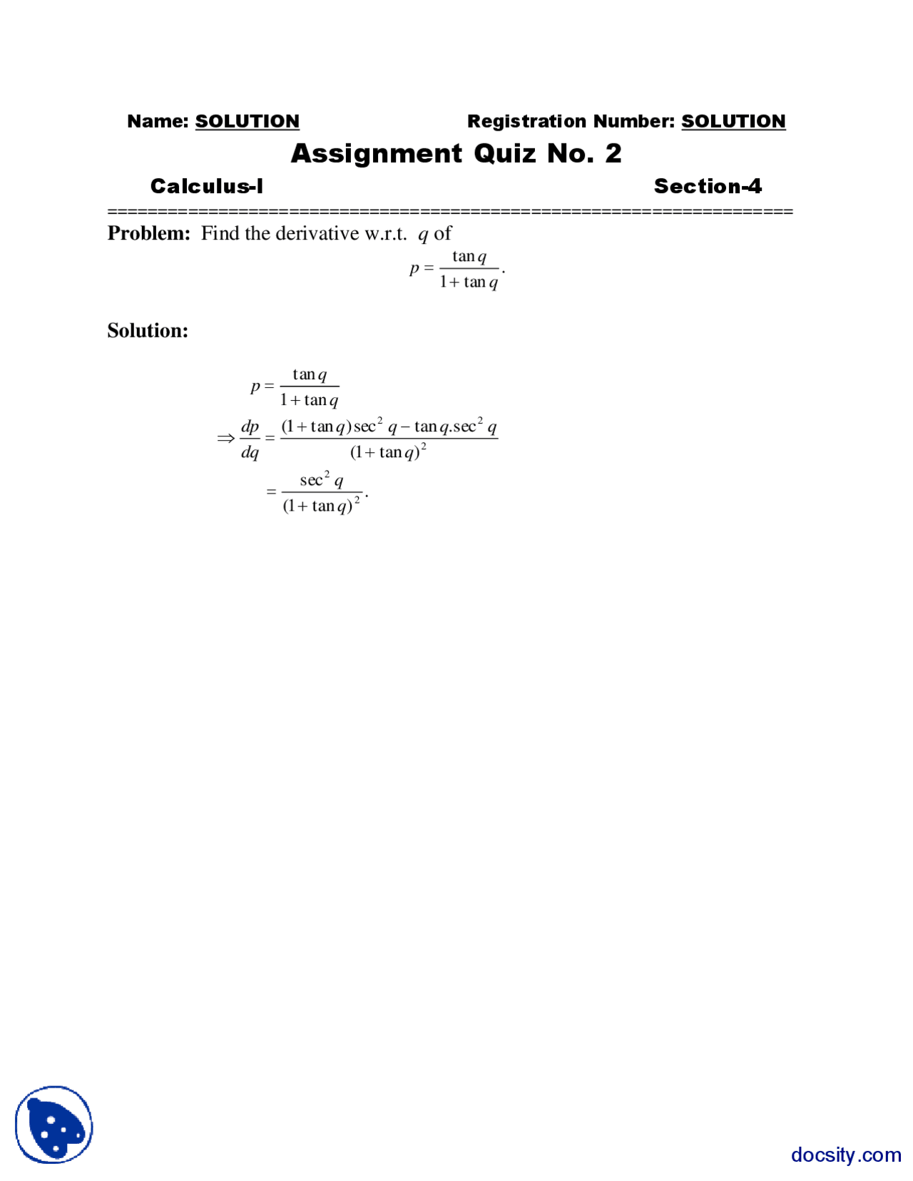 Derivatives 2 Calculus Assignment Docsity