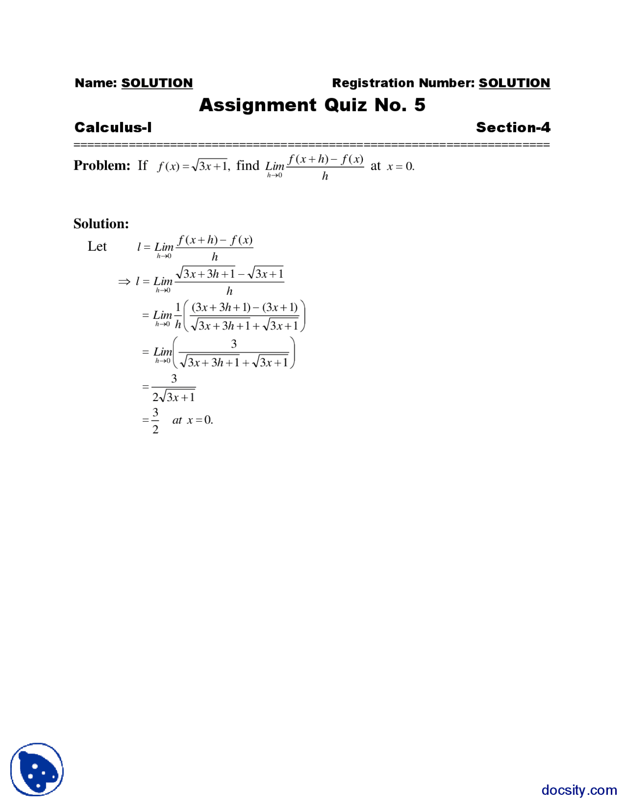 Limits 2 Calculus Assignment Docsity