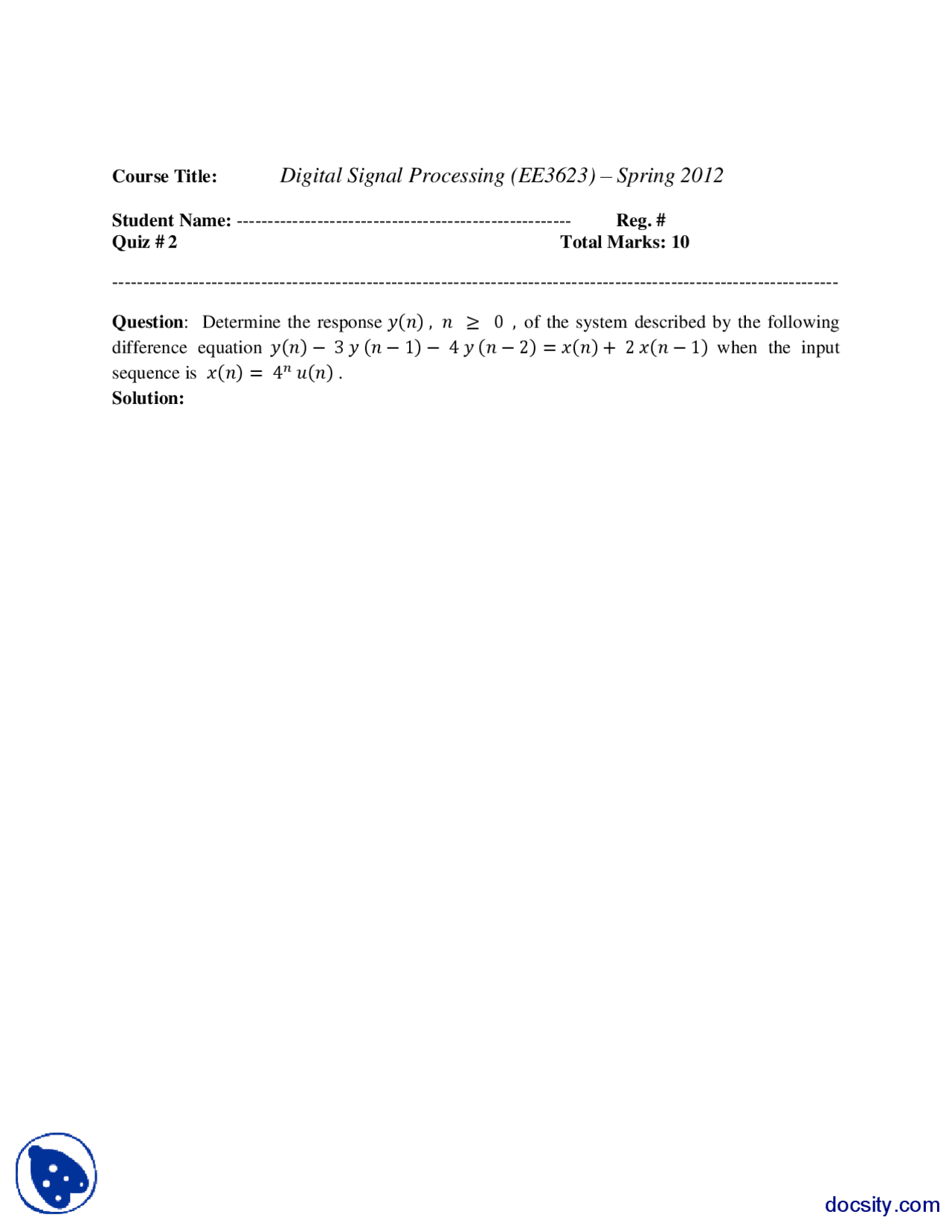 Response Of Equation Digital Signal Processing Quiz Docsity