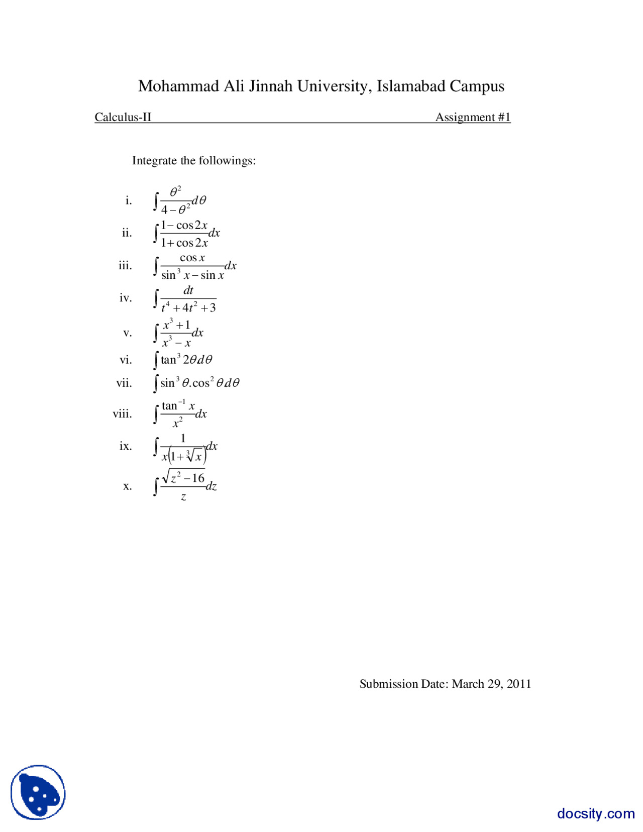 Integration Calculus Assignment Docsity