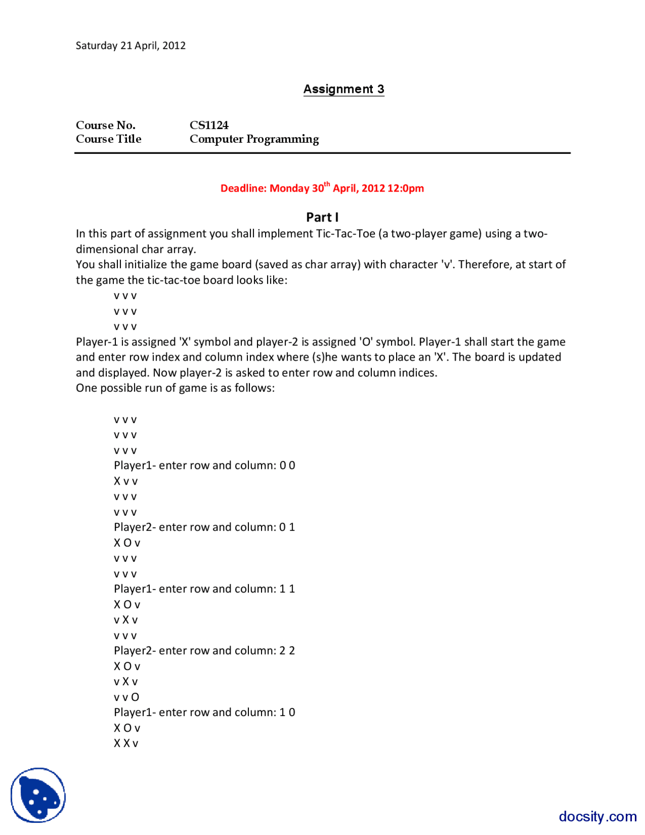 Tic Tac Toe Computer Programming Assignment Docsity