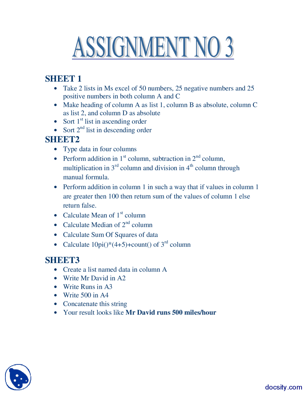 Sheets Ms Excel Assignment Docsity