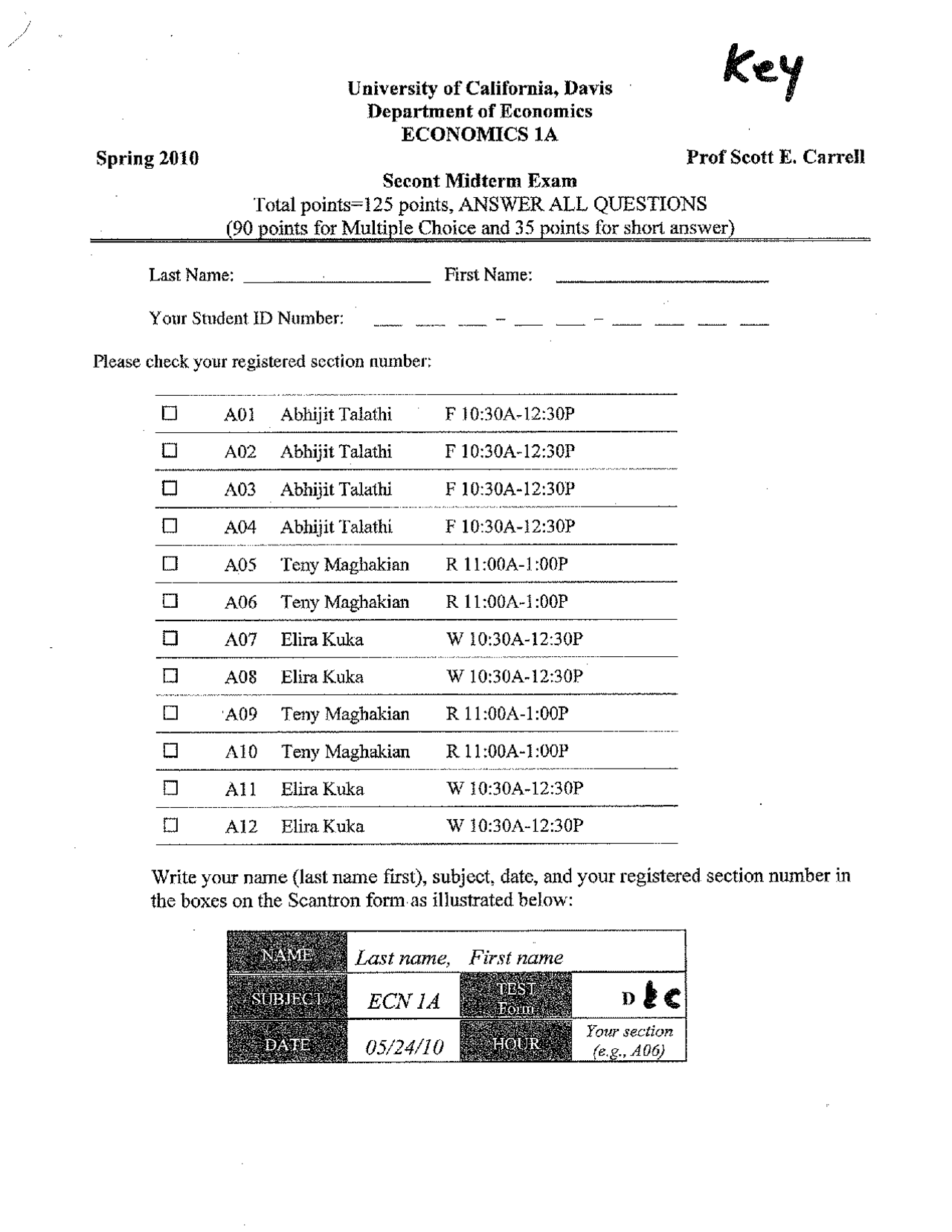 Midterm Exam Ii With Answers Principle Of Microeconomics Ecn 001a