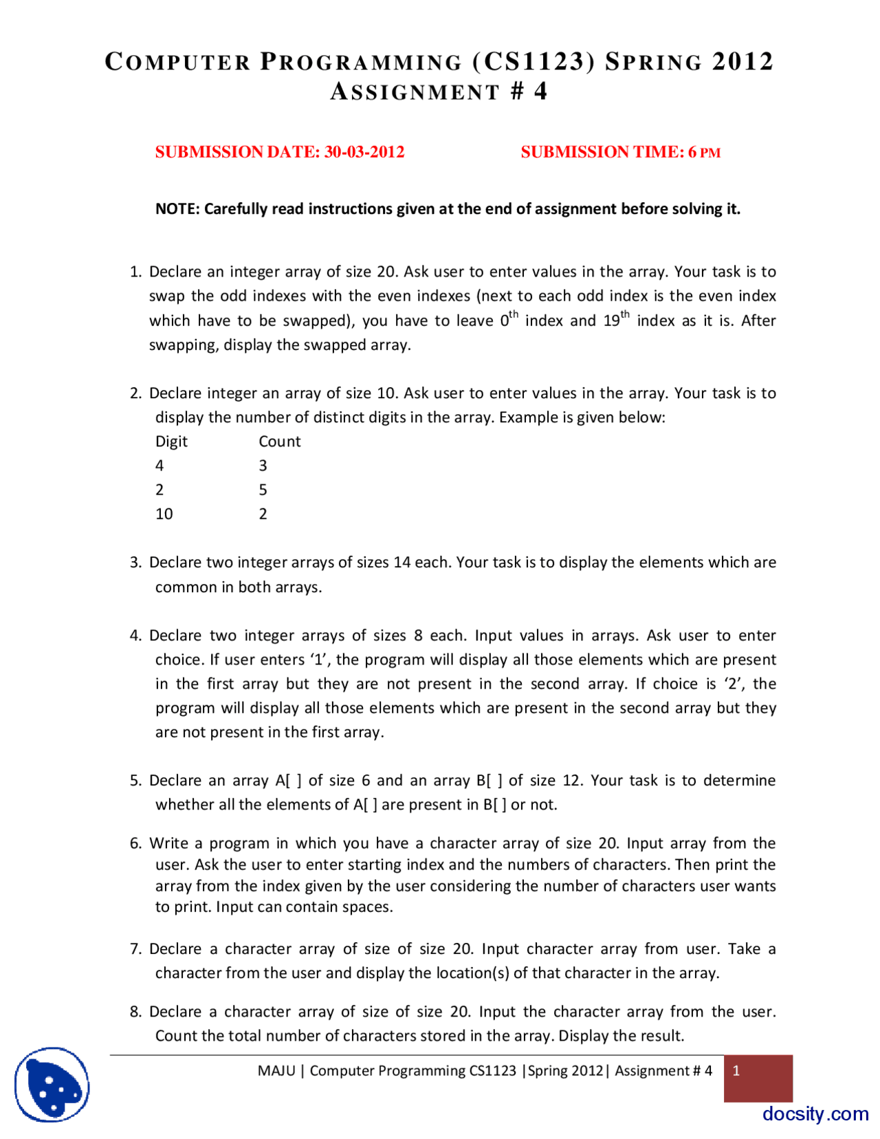 Arrays II-Introduction to Computer Programming-Assignment - Docsity Arrays II-Introduction to Computer Programming-Assignment - Docsity