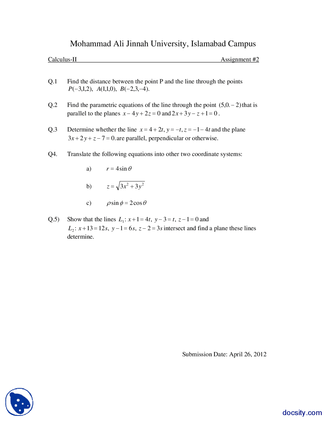 Finding Distances Calculus Assignment Docsity