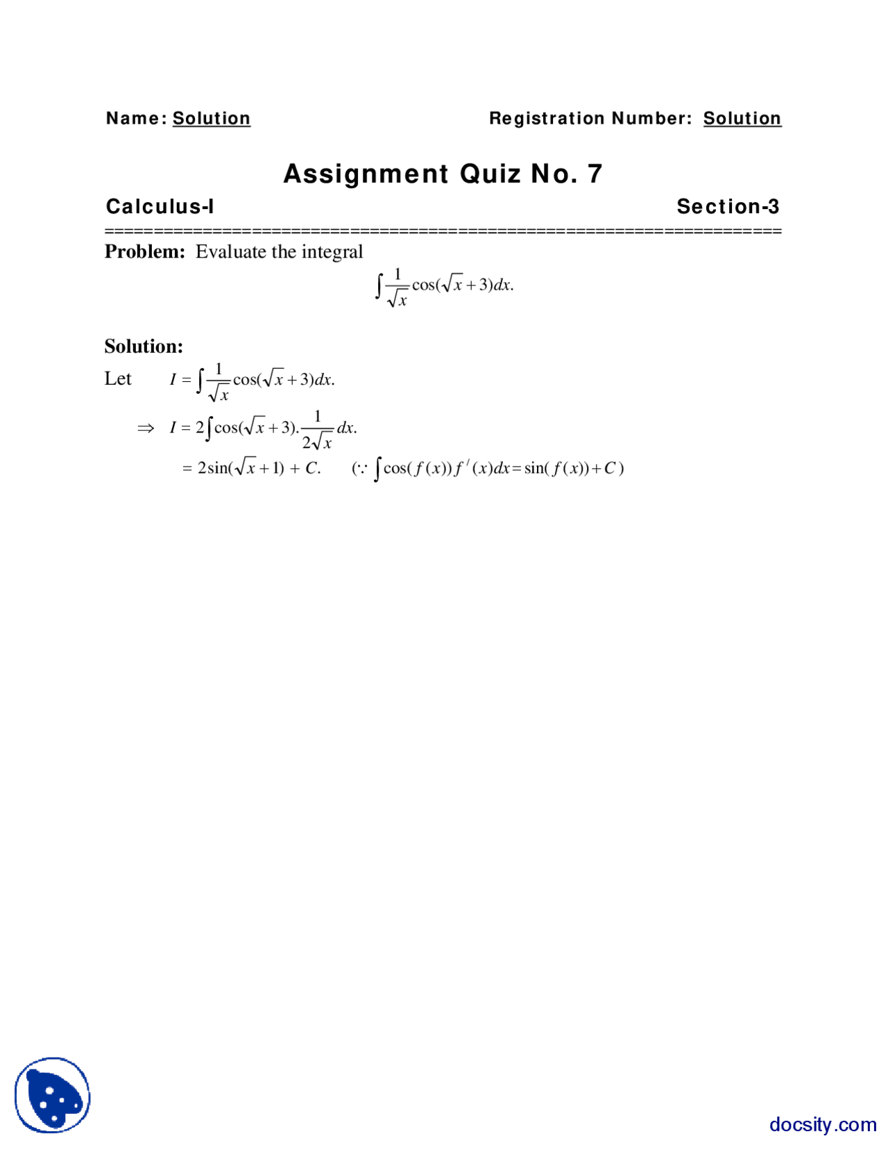 Integrals 3 Calculus Assignment Docsity