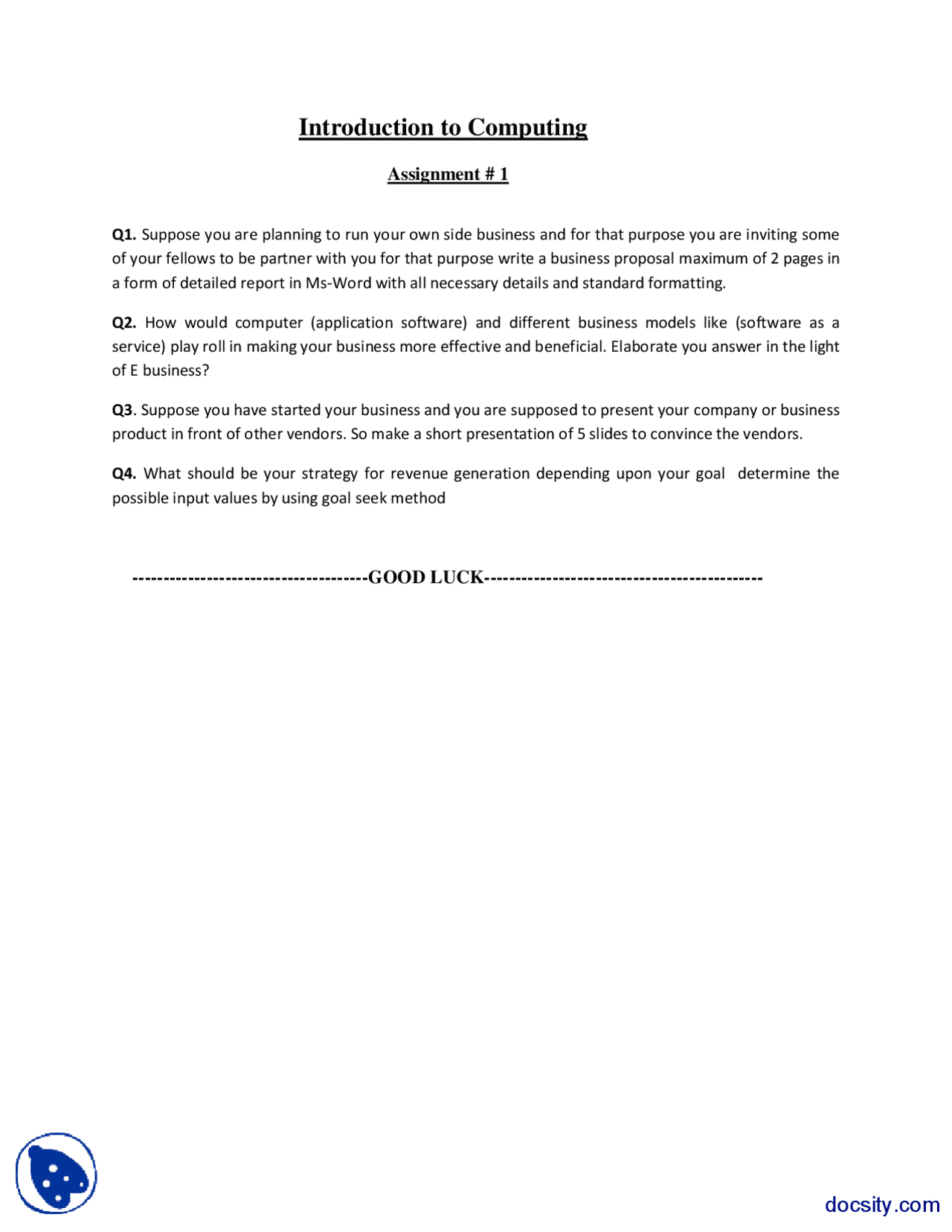 Ms Word Reporting Introduction To Computing Assignment Docsity