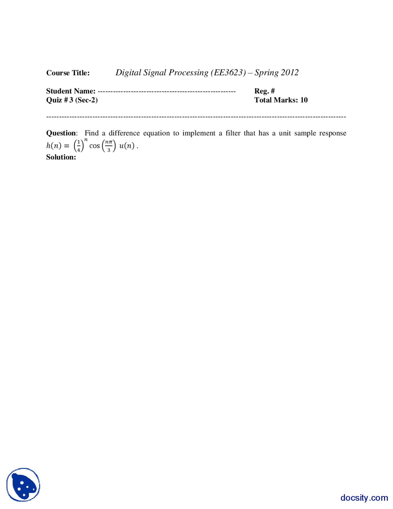 Unit Sample Response Digital Signal Processing Quiz Docsity