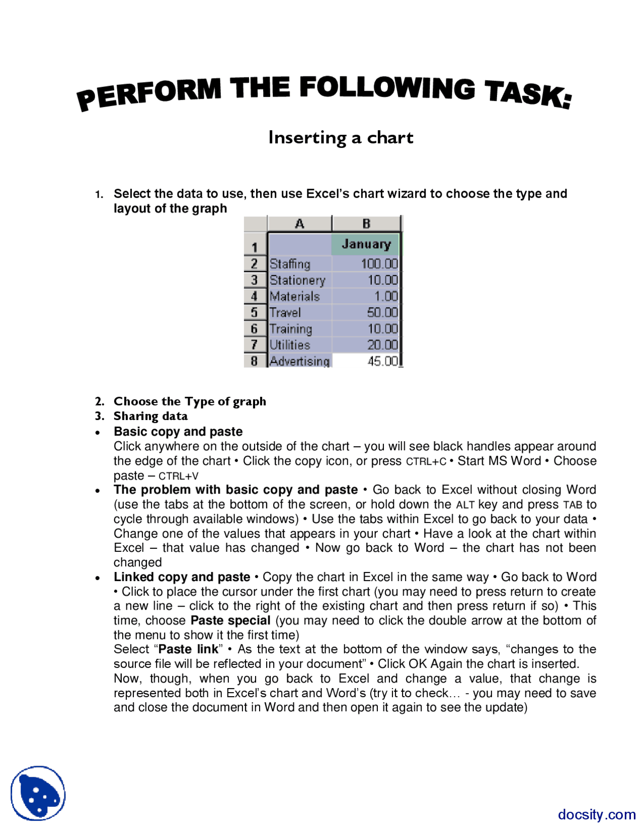 Inserting a chart-MS Excel-Assignment | Exercises MS Microsoft Excel skills | Docsity