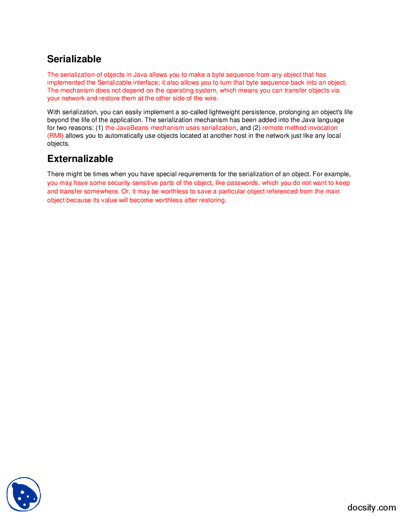 Serializable, Externalizable Objects-Advanced Computer Programming-Lecture Handouts - Docsity