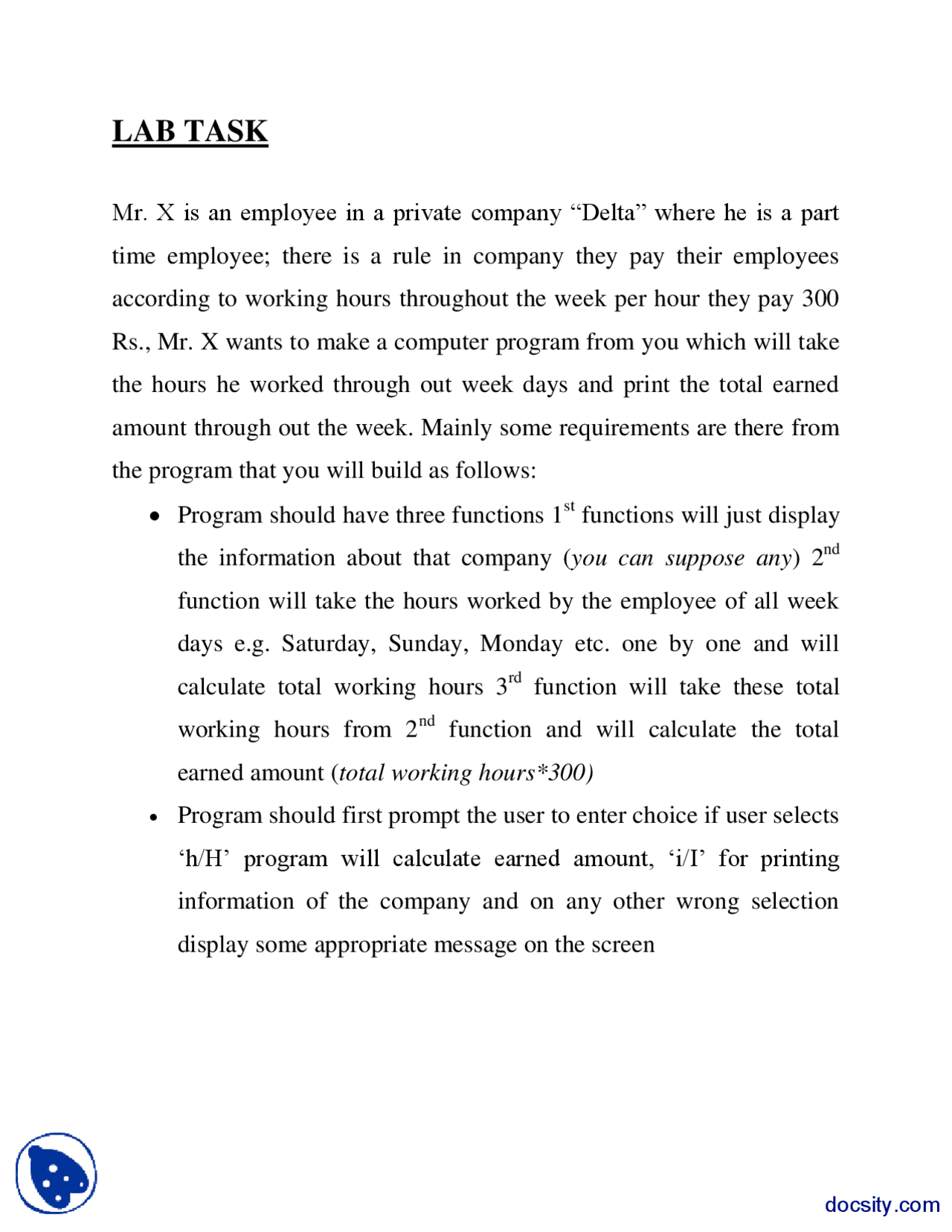 Lab Task Creating A Program To Calculate Employee Earnings Exercises