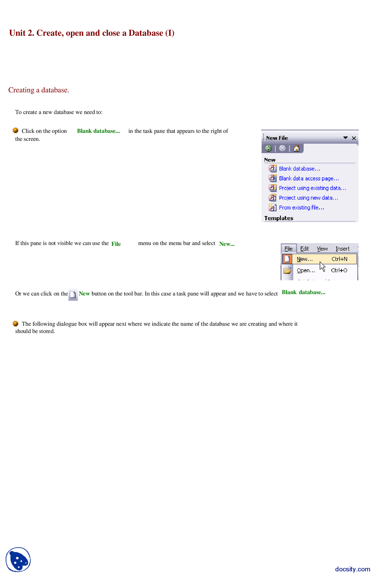 Create Open And Close A Database Ms Acess Tutorial Docsity 