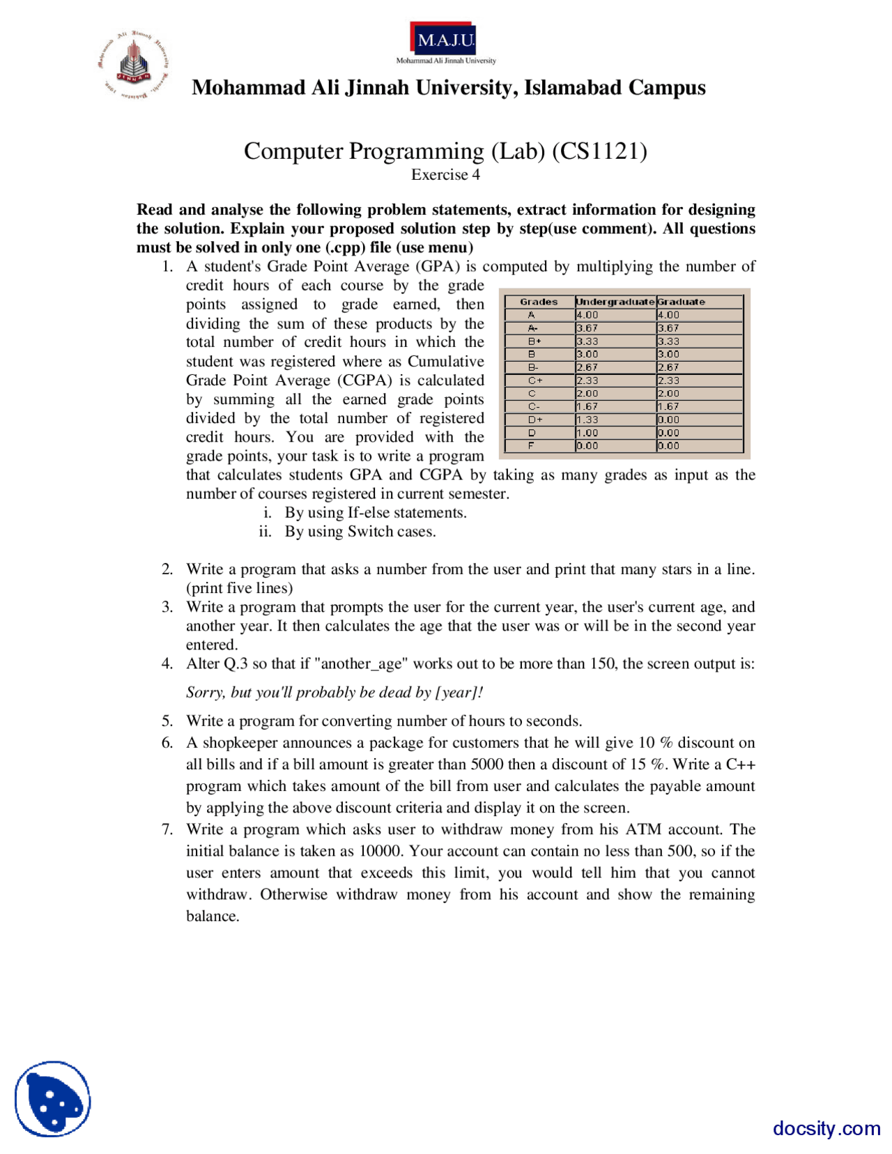 If Else, Switch Statments-Introduction to Programming-Assignment - Docsity If Else, Switch Statments-Introduction to Programming-Assignment - Docsity