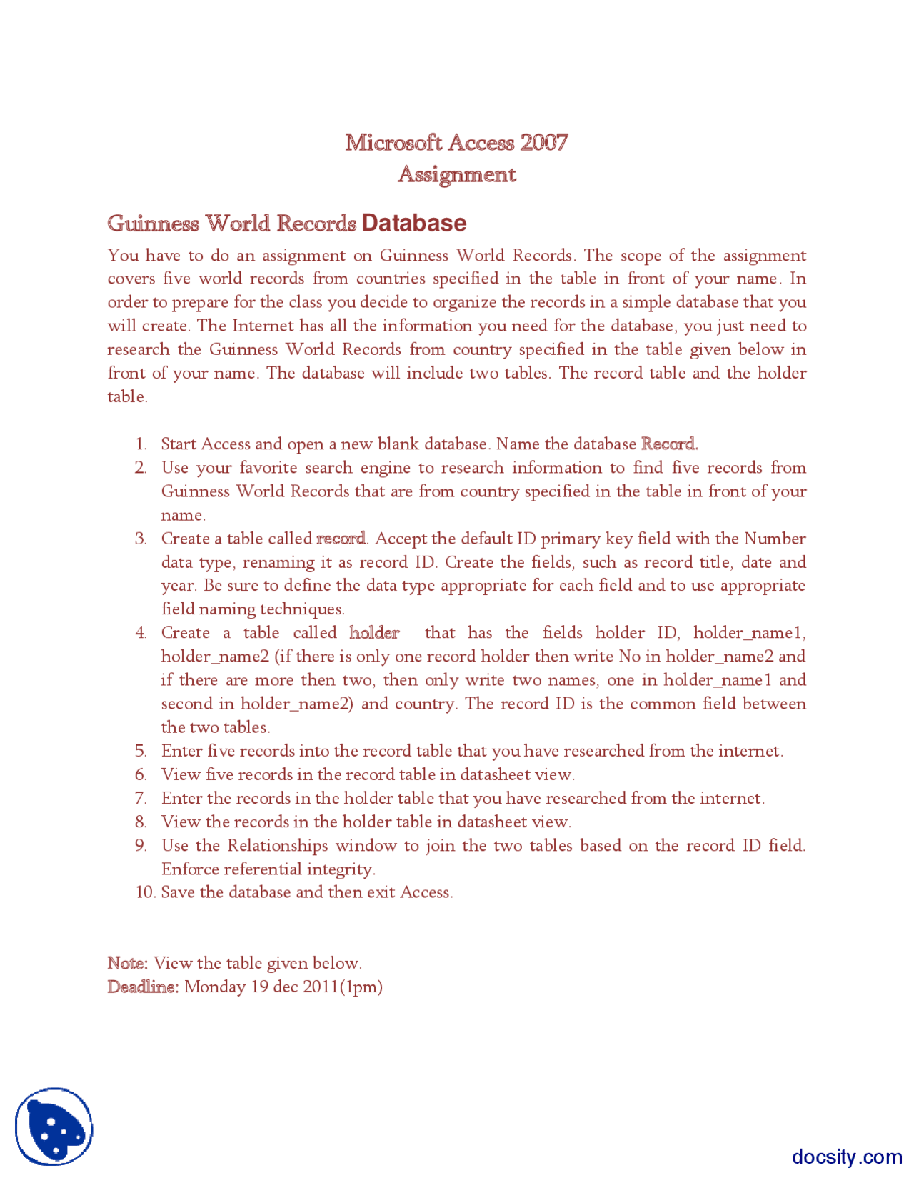 Guinness World Records Database Ms Access Assignment Exercises