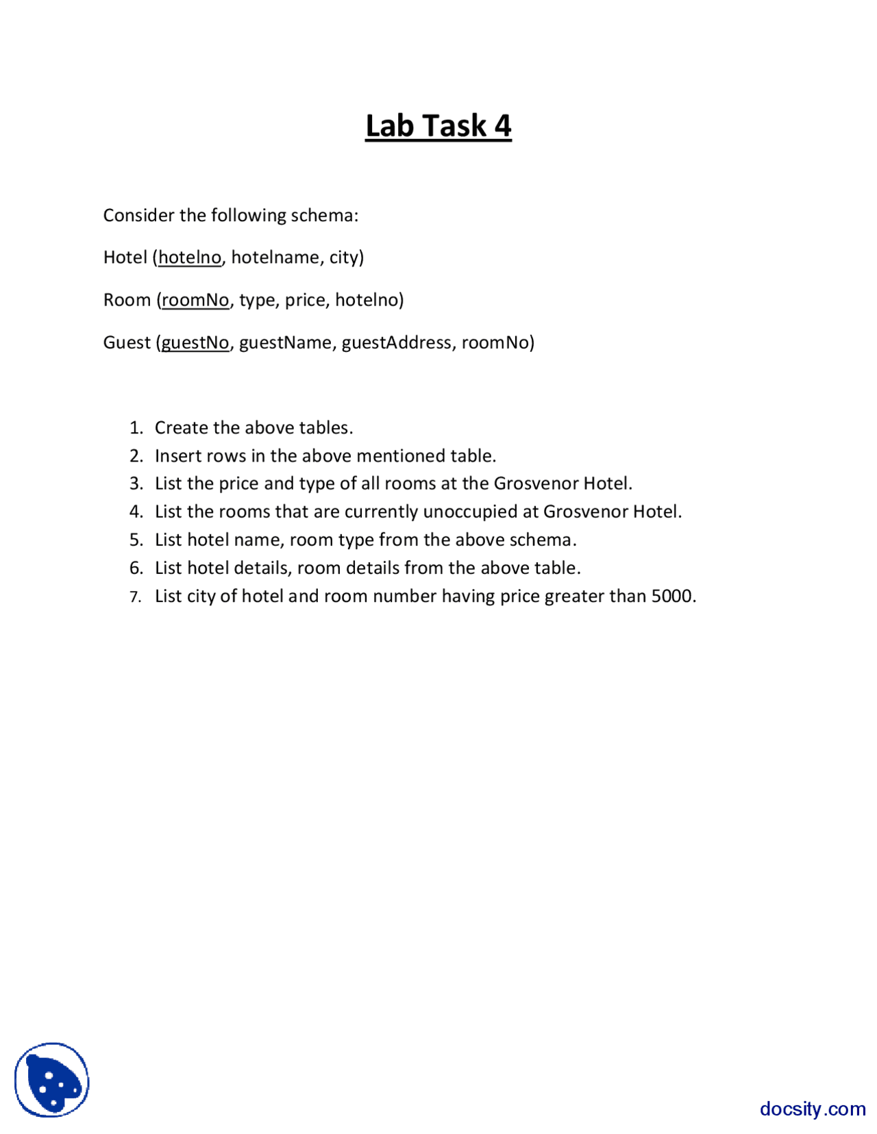 Tables-Introduction to Database Systems-Lab Tasks - Docsity