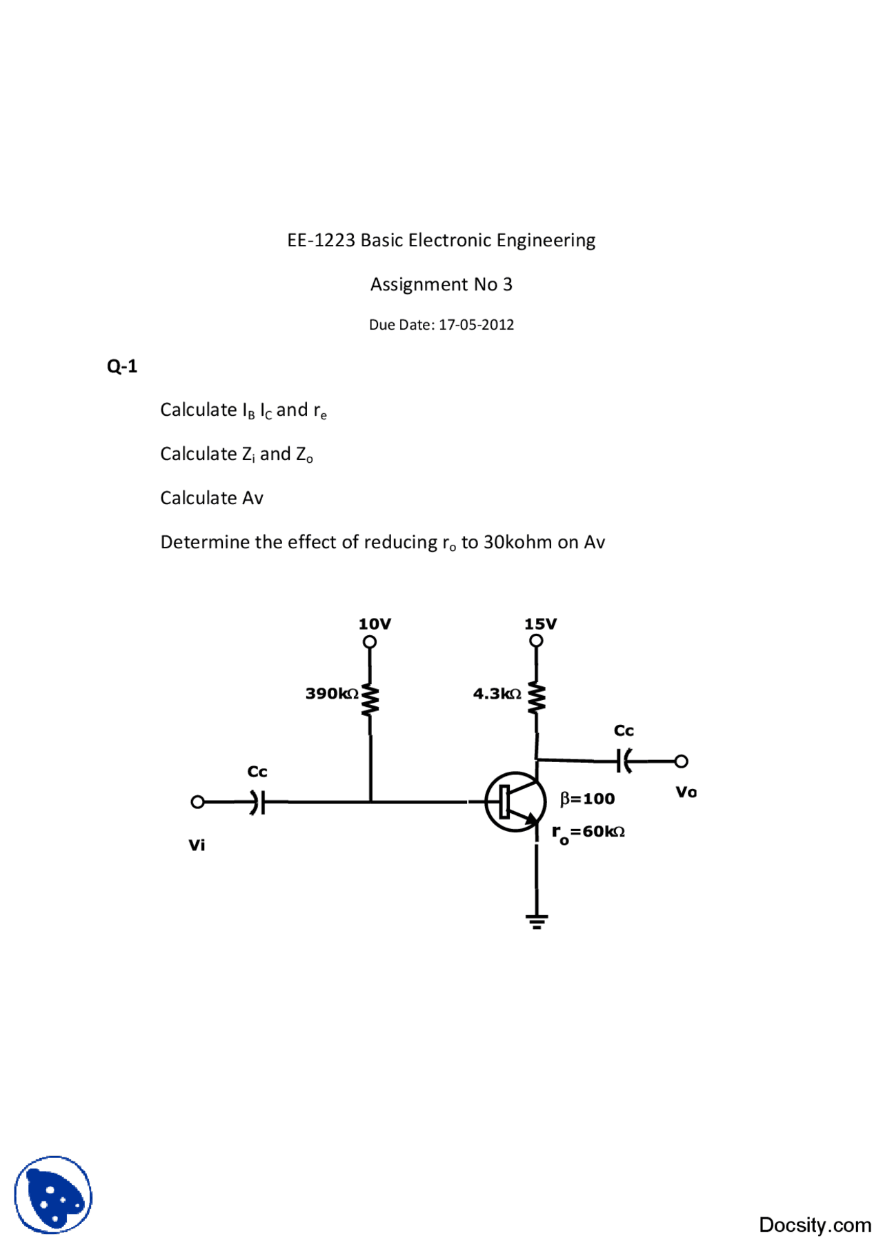 Bjt Amplifiers Small Signal Electronics Assignment Docsity