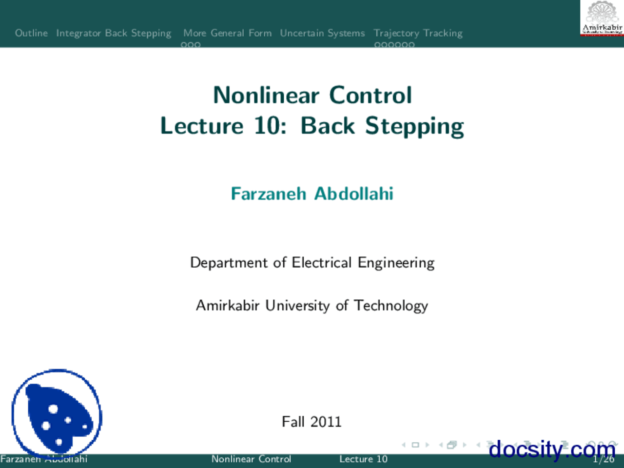 Back Stepping II-Non Linear System and Control-Lecture Slides - Docsity