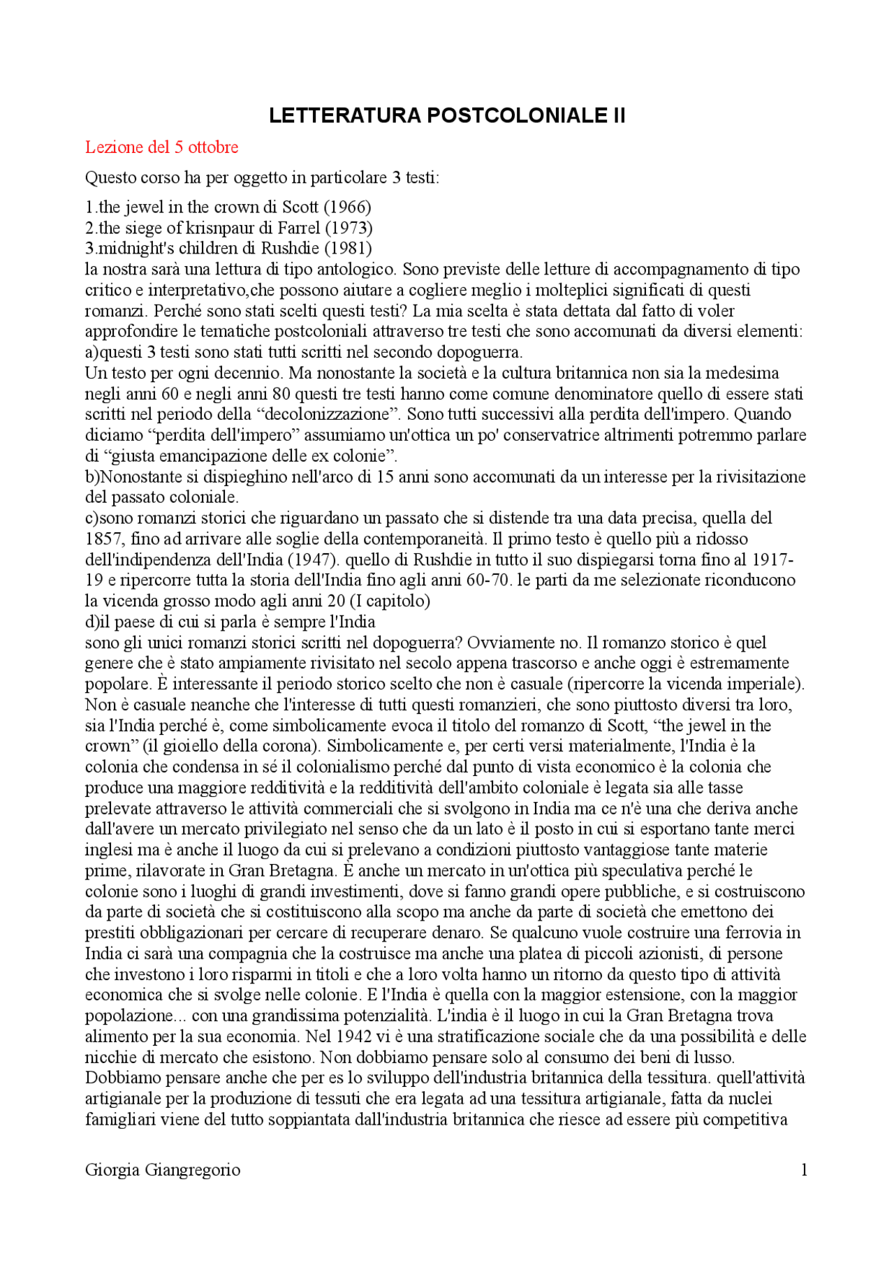 Letteratura postcoloniale II definitivo - Docsity