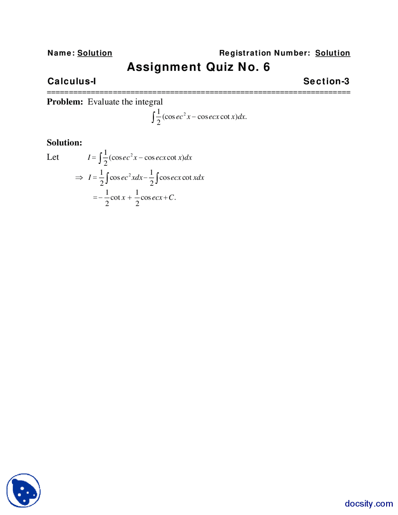 Integrals 1 Calculus Assignment Docsity