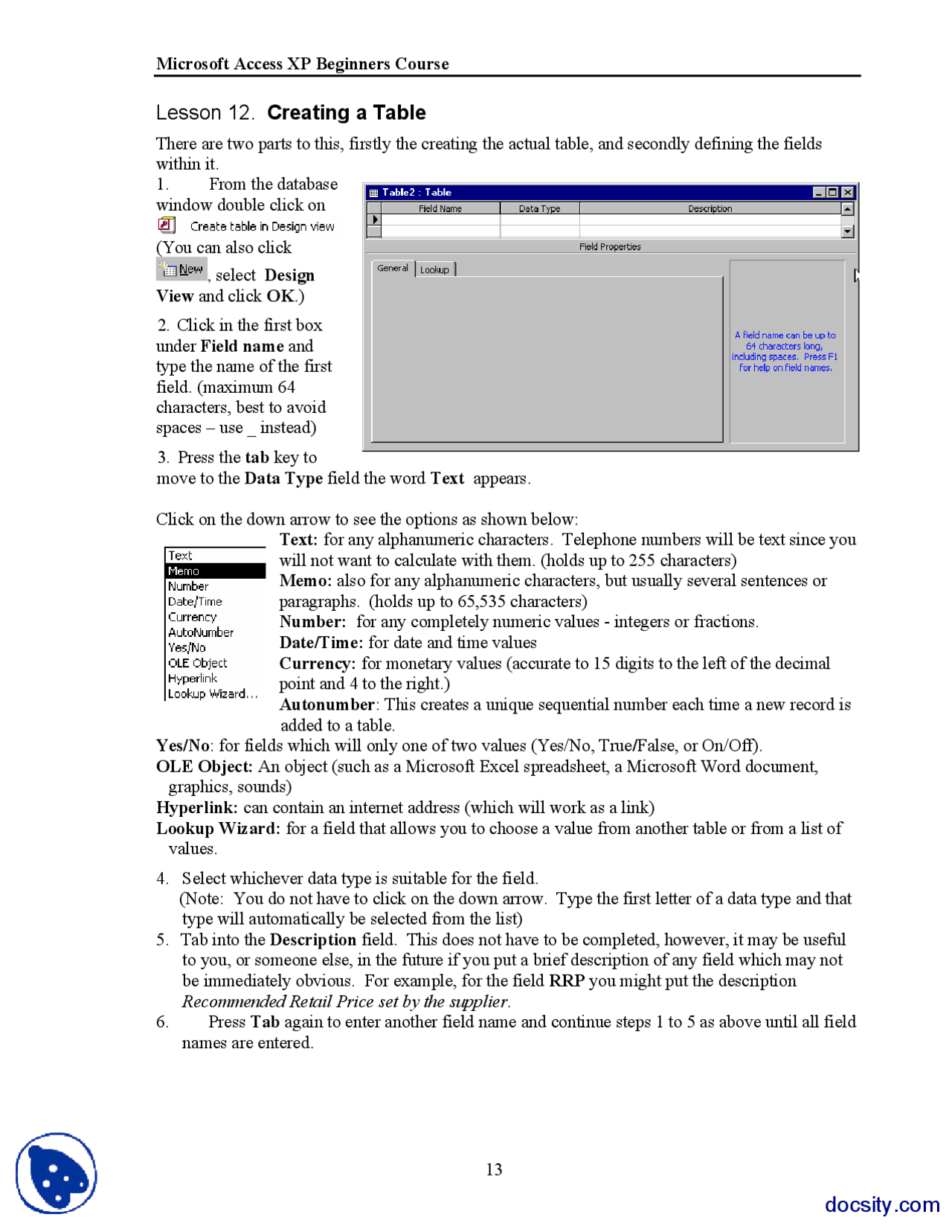Creating Table Part 1 Ms Acess Tutorial Docsity
