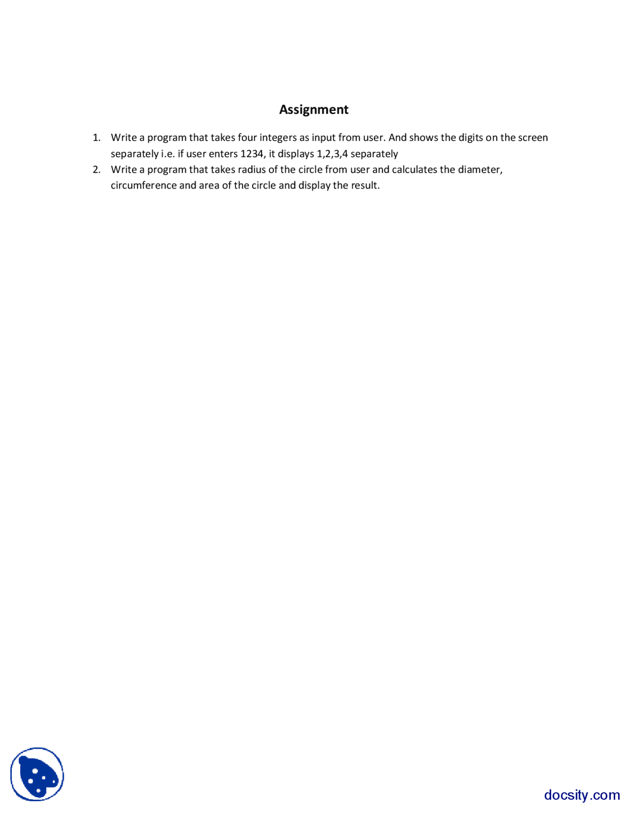 Display On Screen Computer Programming Assignment Docsity