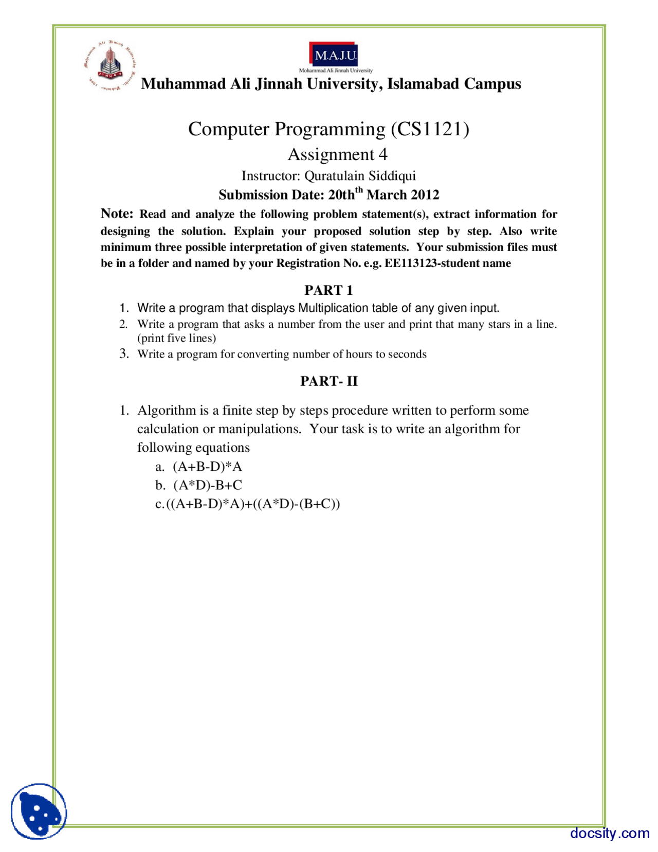 Multiplication Table And Manipulations Introduction To Programming Assignment Docsity