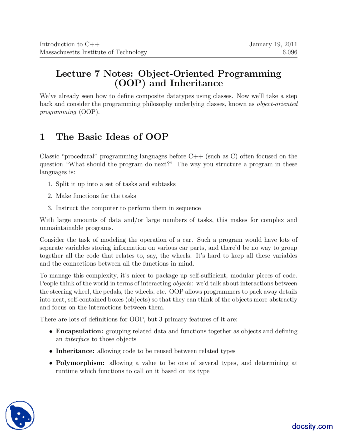 The Basic Ideas of OOP-Computer Programming-Lecture Handouts - Docsity