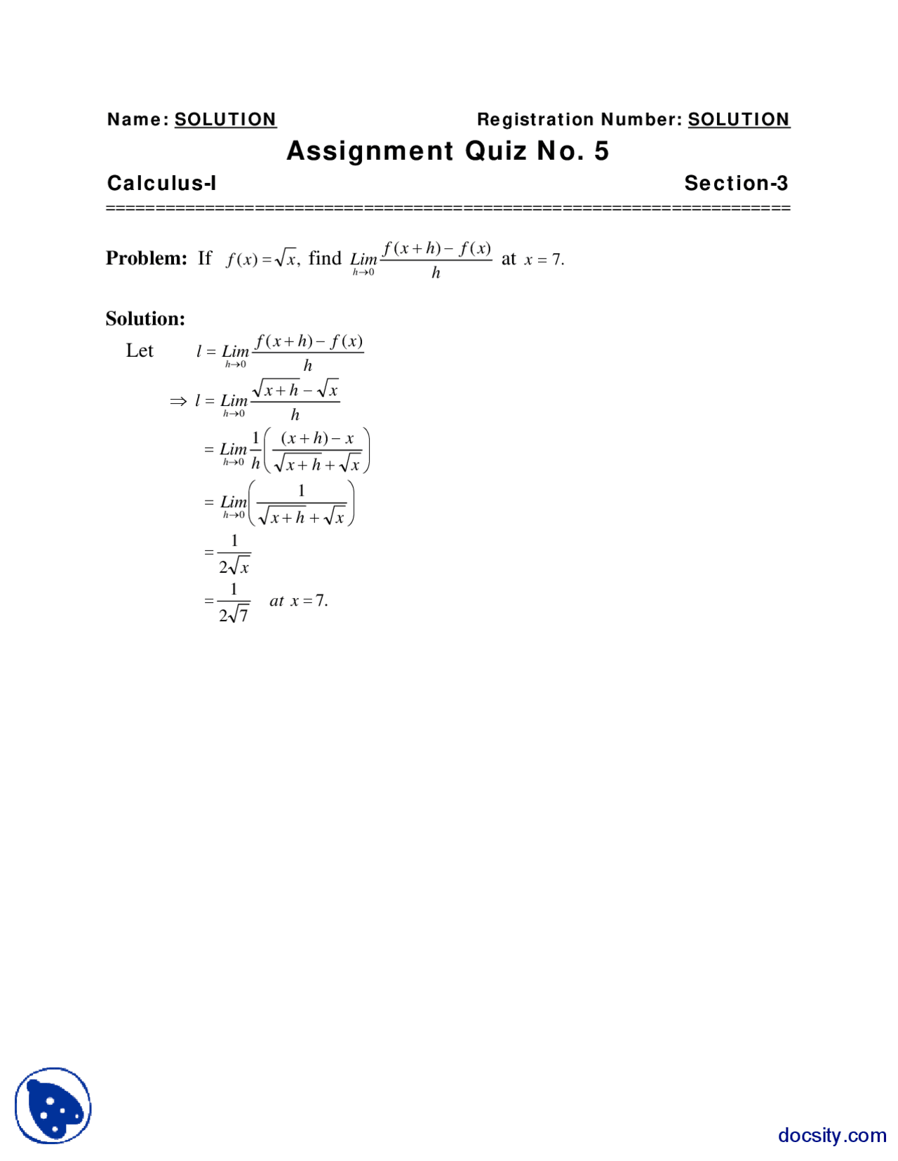 Limits 1 Calculus Assignment Docsity