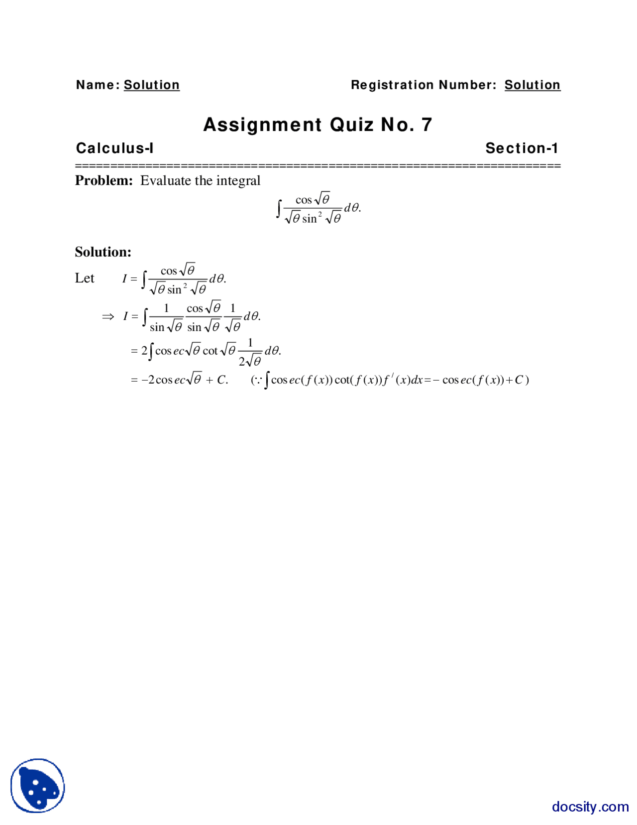 Integrals 6 Calculus Assignment Docsity