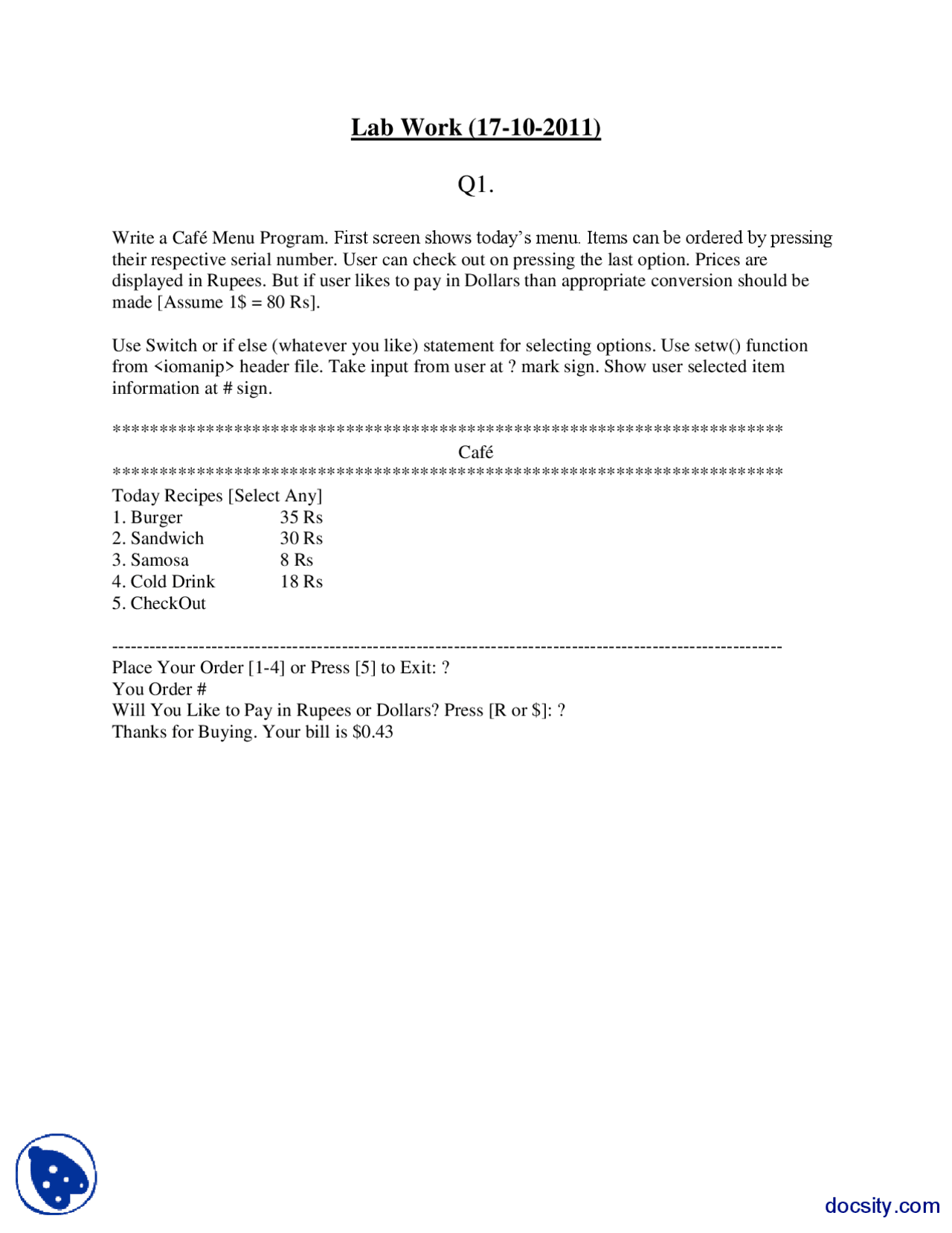 Cafe Menu-Computer Programming-Lab Assignment - Docsity Cafe Menu-Computer Programming-Lab Assignment - Docsity