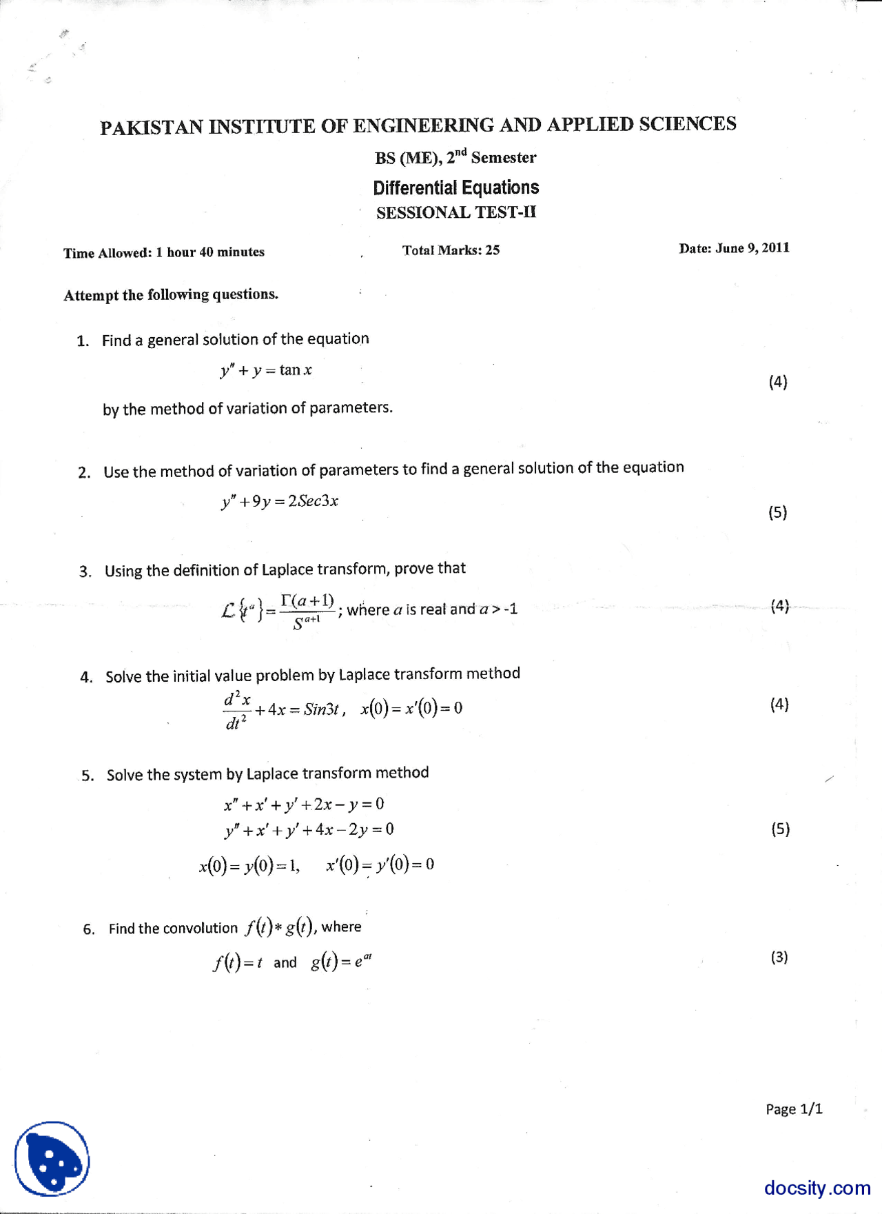 Second and Third Order DEs-Differential Equations-Paper Solution - Docsity