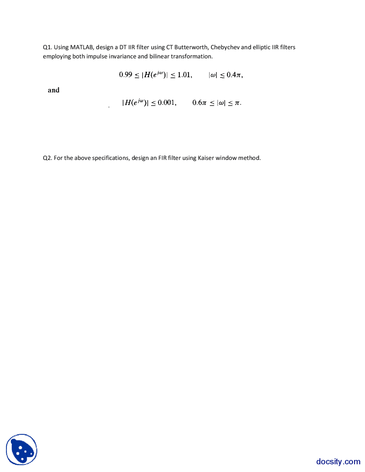 Dt Iir Filter Using Matlab Digital Signal Processing Assignment Docsity