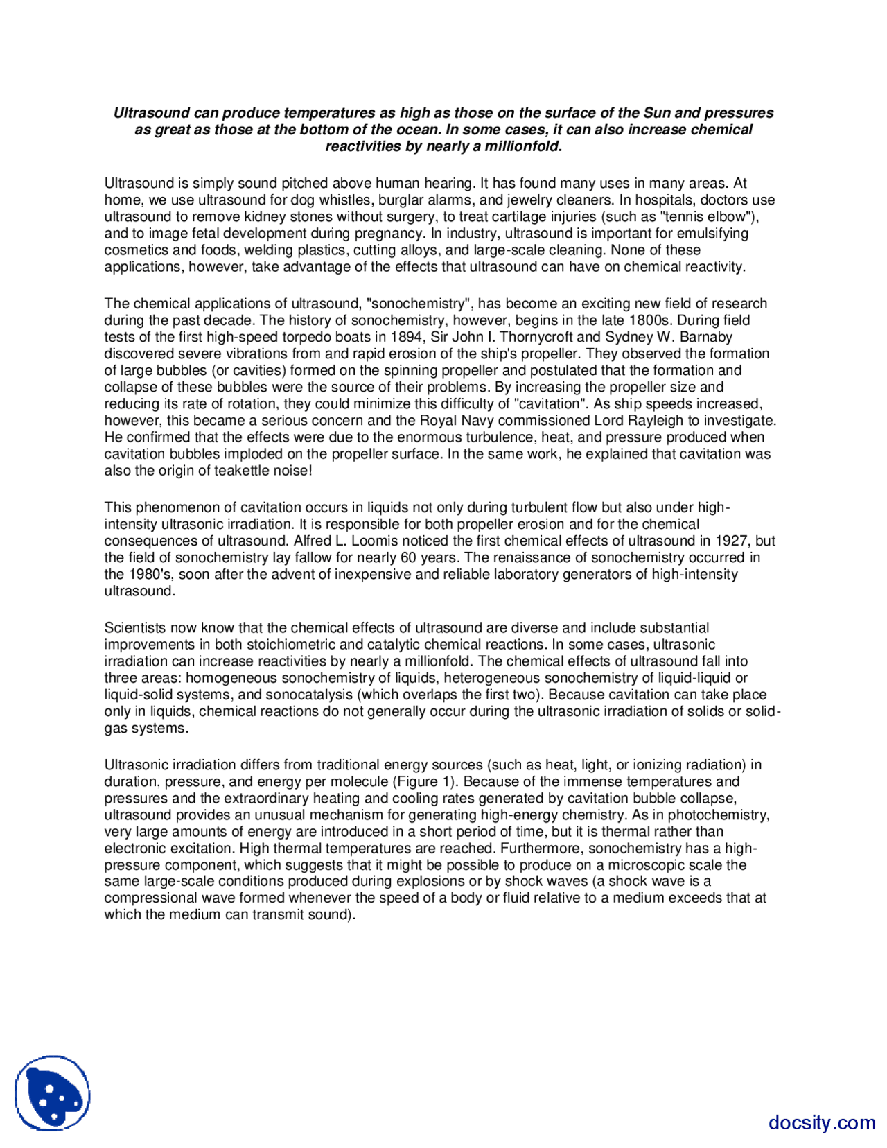 Sonochemistry Nano Material Engineering Lecture Handout Docsity