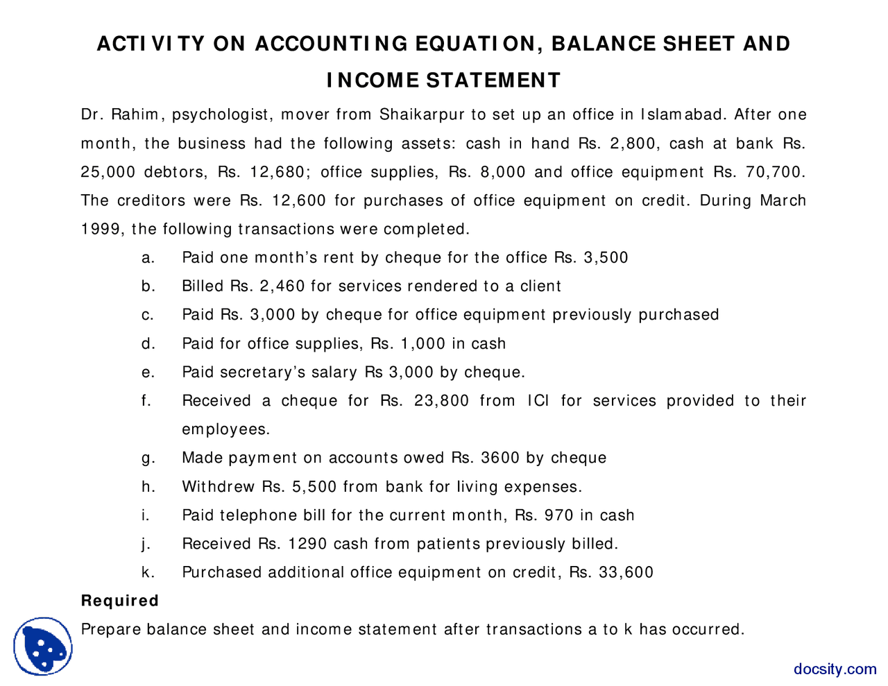 Balance Sheet Income Equation-Accounting-Assignment | Exercises ...