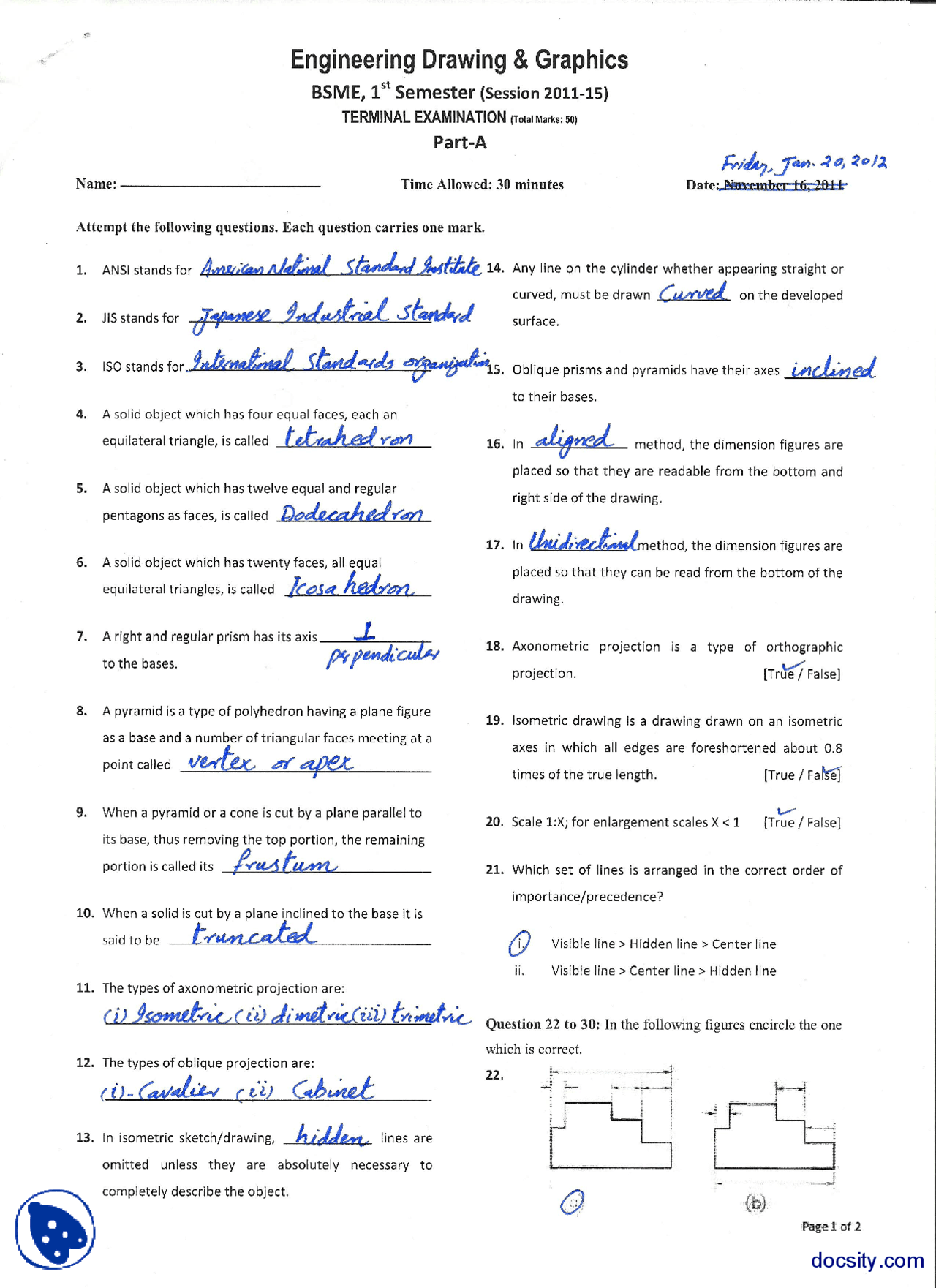 Fill in the Blanks for the Abbriviations and Short Questions-Engineering Drawing and Graphics ...